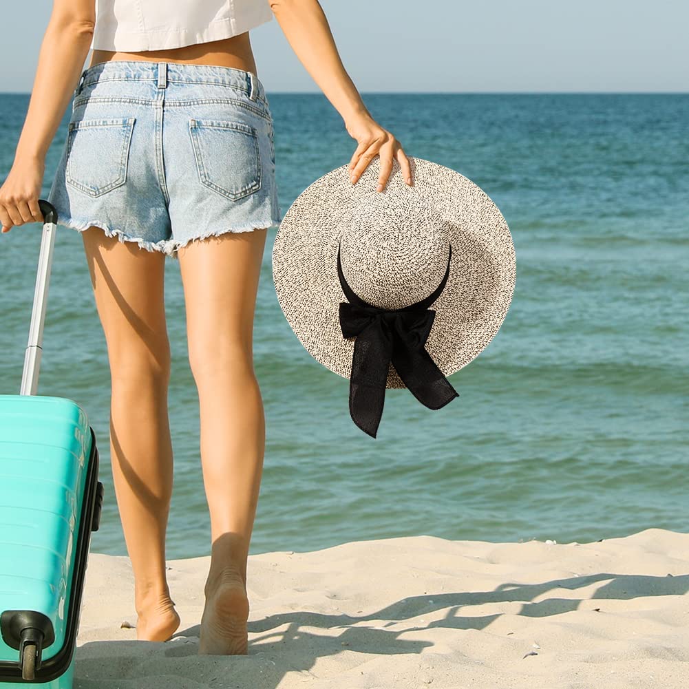 Womens Beach Straw Sun Hat: Large Ladies Foldable & Packable Floppy Hats with Wide Brim-UPF 50 UV Protection Summer Sunhat (Mixed Black)