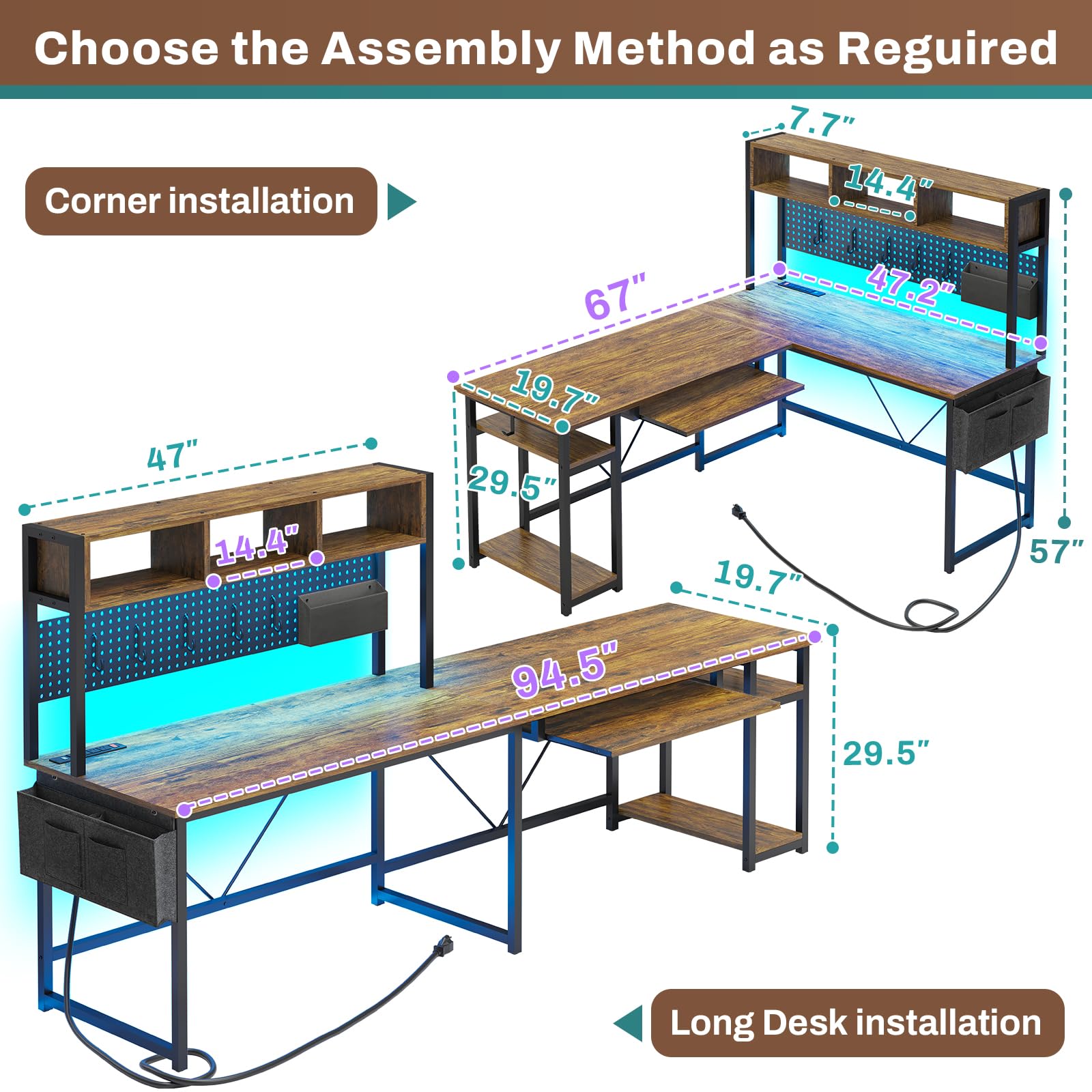 SEDETA L Shaped Computer Desk, Reversible Corner Desk with Power Outlet and Pegboard, Computer Desk with Led Lights, Keyboard Tray, Headphone Hook and Storage Shelves, Rustic Brown