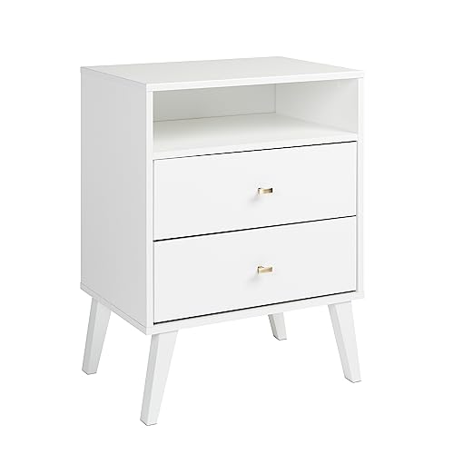 Prepac Milo Mid-Century Modern 2 Drawer Nightstand With Open Shelf, 16"D x 22.5"W x 29.5"H, White
