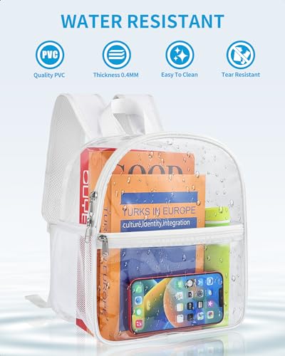 Paxiland Clear Backpack Stadium Approved 12×12×6 with Reinforced and Wider Shoulder Straps, Small Clear Bag for Schools, Concerts, Work, Festivals and Sporting Events - White