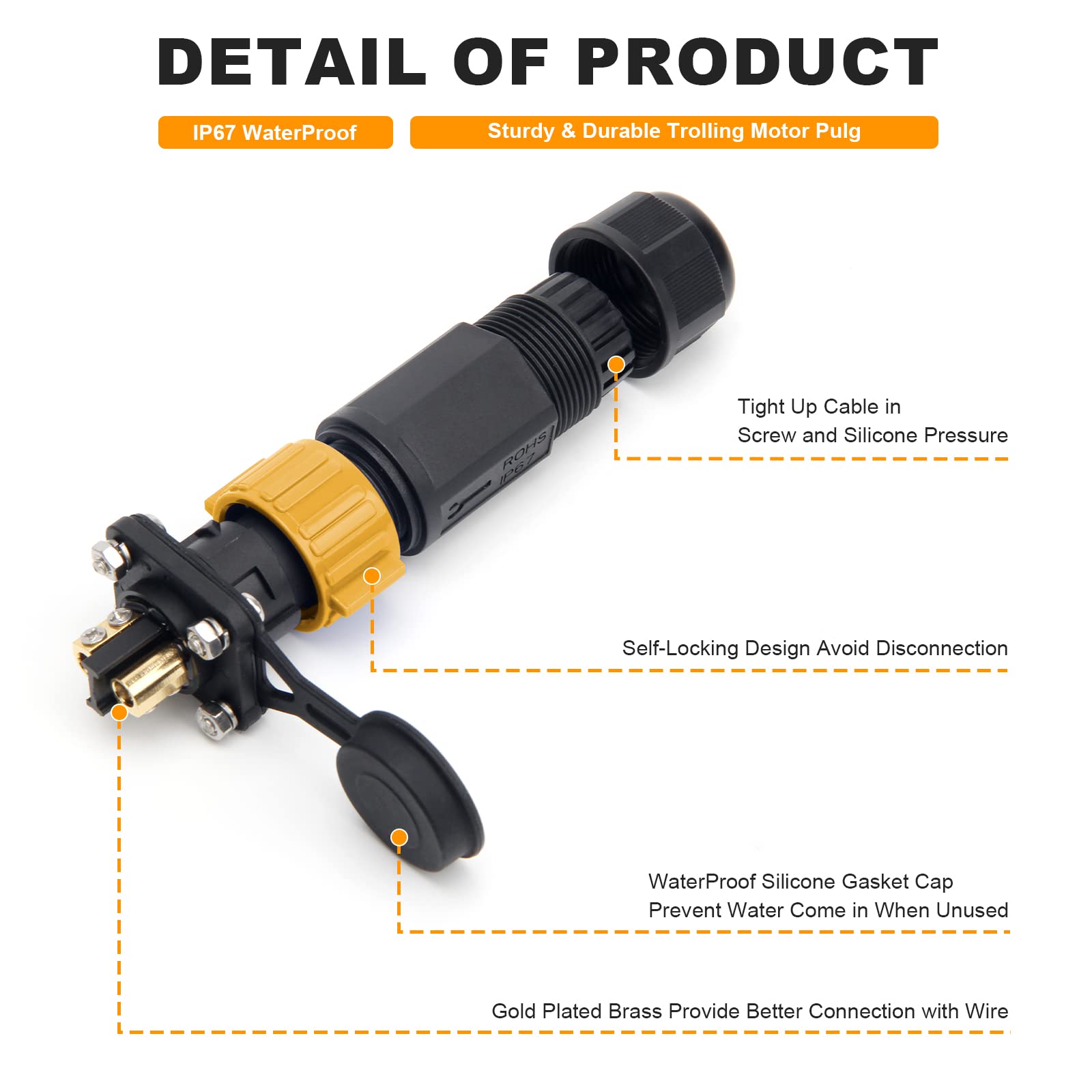 Trolling Motor Plug and Receptacle Set, Waterproof Self Lock Marine Boat Power Connector, 12V/24V/ 36V/48V Plug for Trolling Motor/Down Rigger/Fishing Reel (Yellow)