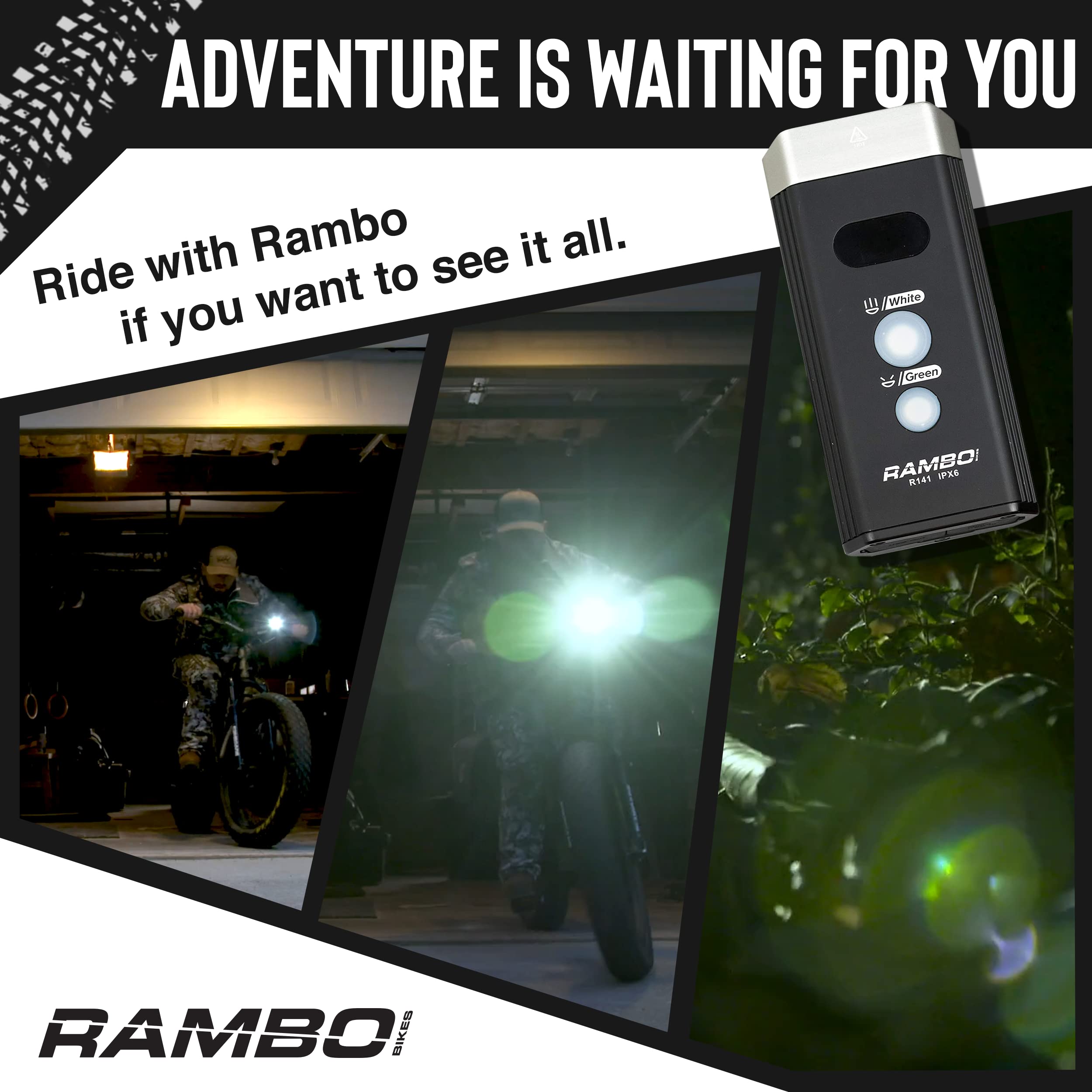 Rambo Bikes Pro Hunter Ultra Bright Flashlight - 1100 Lumens White and Green LED Light - USB Rechargeable LED Headlight, Powerbank, IPX-6 Waterproof Bicycle Light - 3 Light Modes, Impact Resistant
