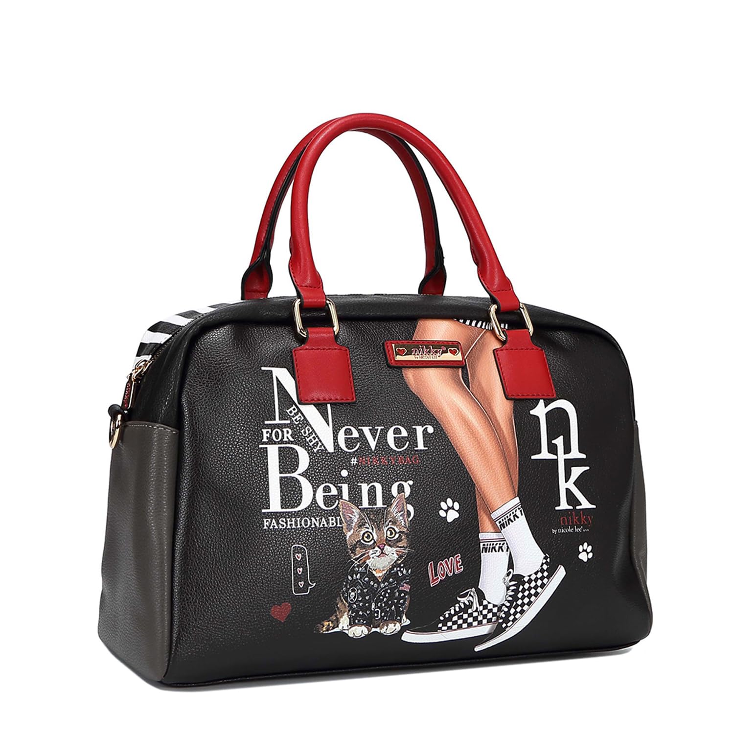 Nicole Lee Nikky Never Be Shy Boston Bag, Medium Vegan Leather Doctor Style Handbag, Black/Red, Kitty Cat Fashion Print