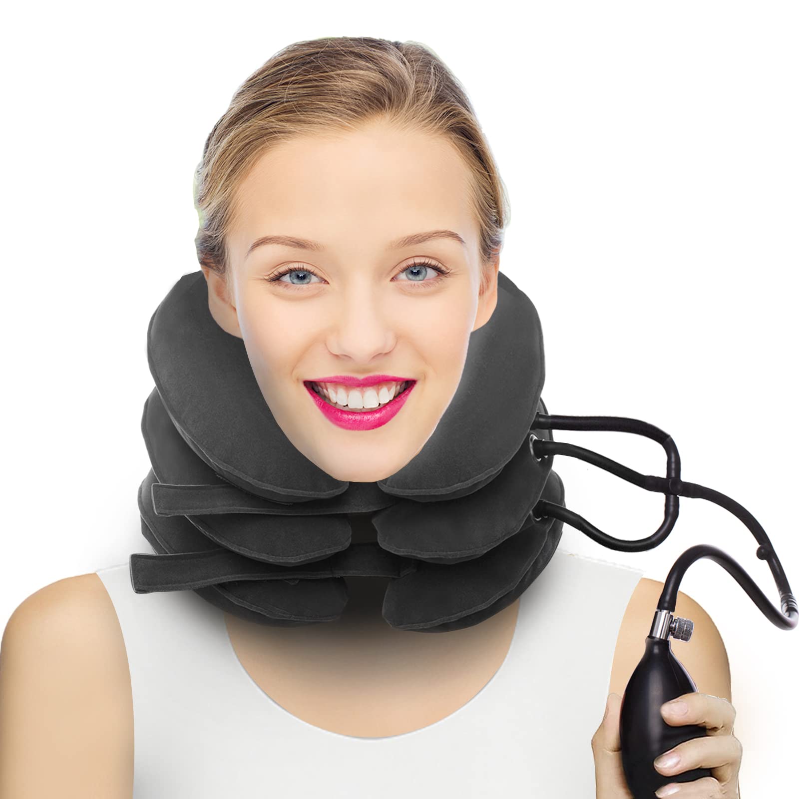 YongZan Cervical Neck Traction Device, Neck Stretcher for Neck Pain Relief, Adjustable Inflatable Neck Support Brace, Neck Traction Device for Use Neck Decompression, Correct Cervical Curvature - Grey