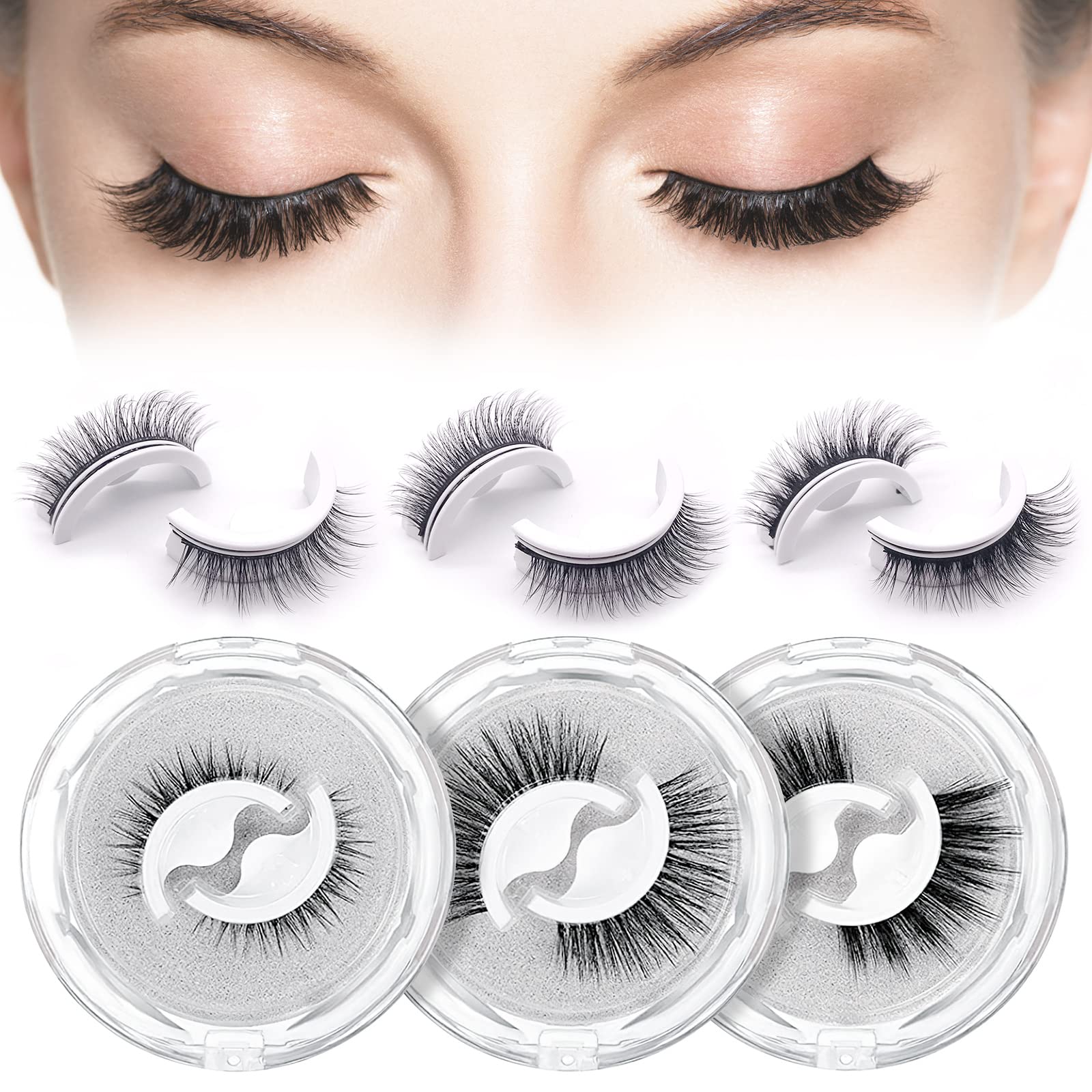 Self Adhesive Eyelashes, 3 Pairs Reusable Adhesive Eyelashes without Eyeliner and Glue, Waterproof False Eyelashes Three Different Types Natural Look for Makeup Easy to Put on