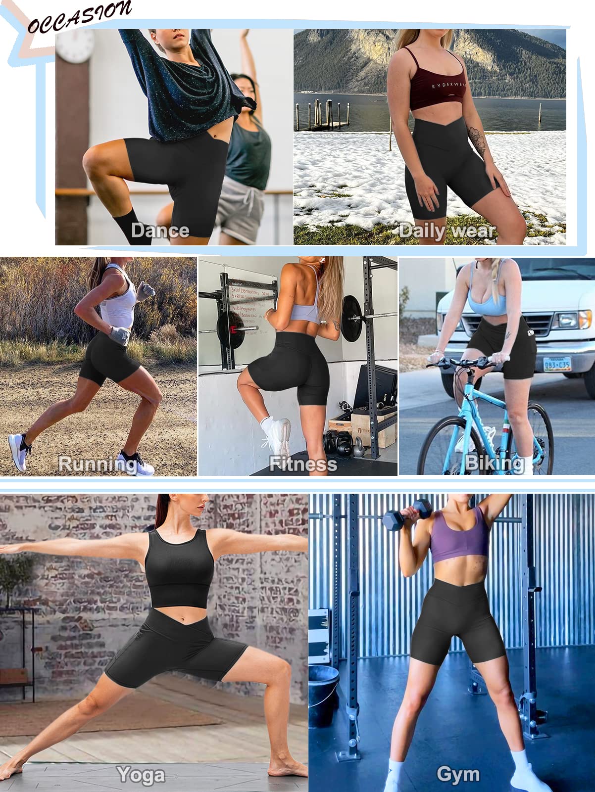 Women's V Cross Waist Workout Biker Ribbed Shorts with Pockets 5" High Waisted Booty Gym Short Black