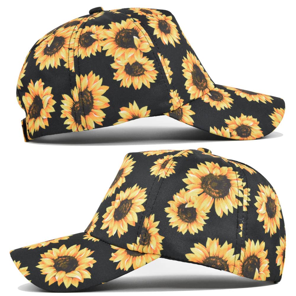 Womens Criss Cross Ponytail Hat Sunflower Hat Ponytail Bun Sun Hat for Women (Black)