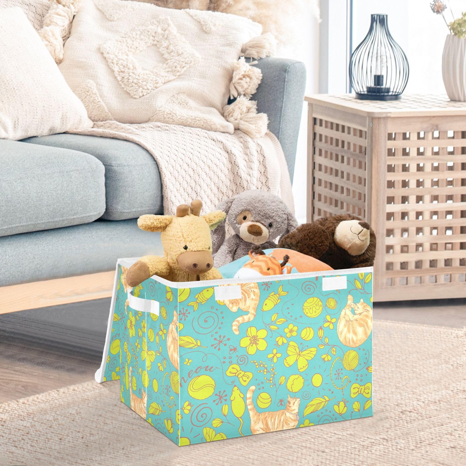 senya Large Collapsible Storage Bins with Lids, Cats on Turquoise Background Storage Baskets Organizer Containers with Handles for Nursery Clothes Toys