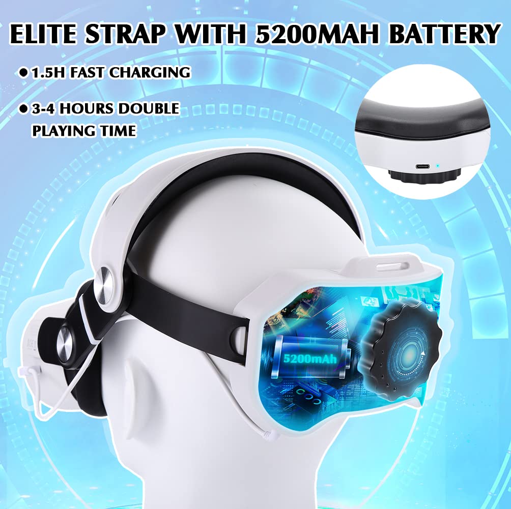 VR Head Strap with Battery 5300mAh, Vrbort Designed for Quest 2 Adjustable Elite Strap Extender 4hrs Playtime, Fast Charging Power VR Replacement Headset Comfortable
