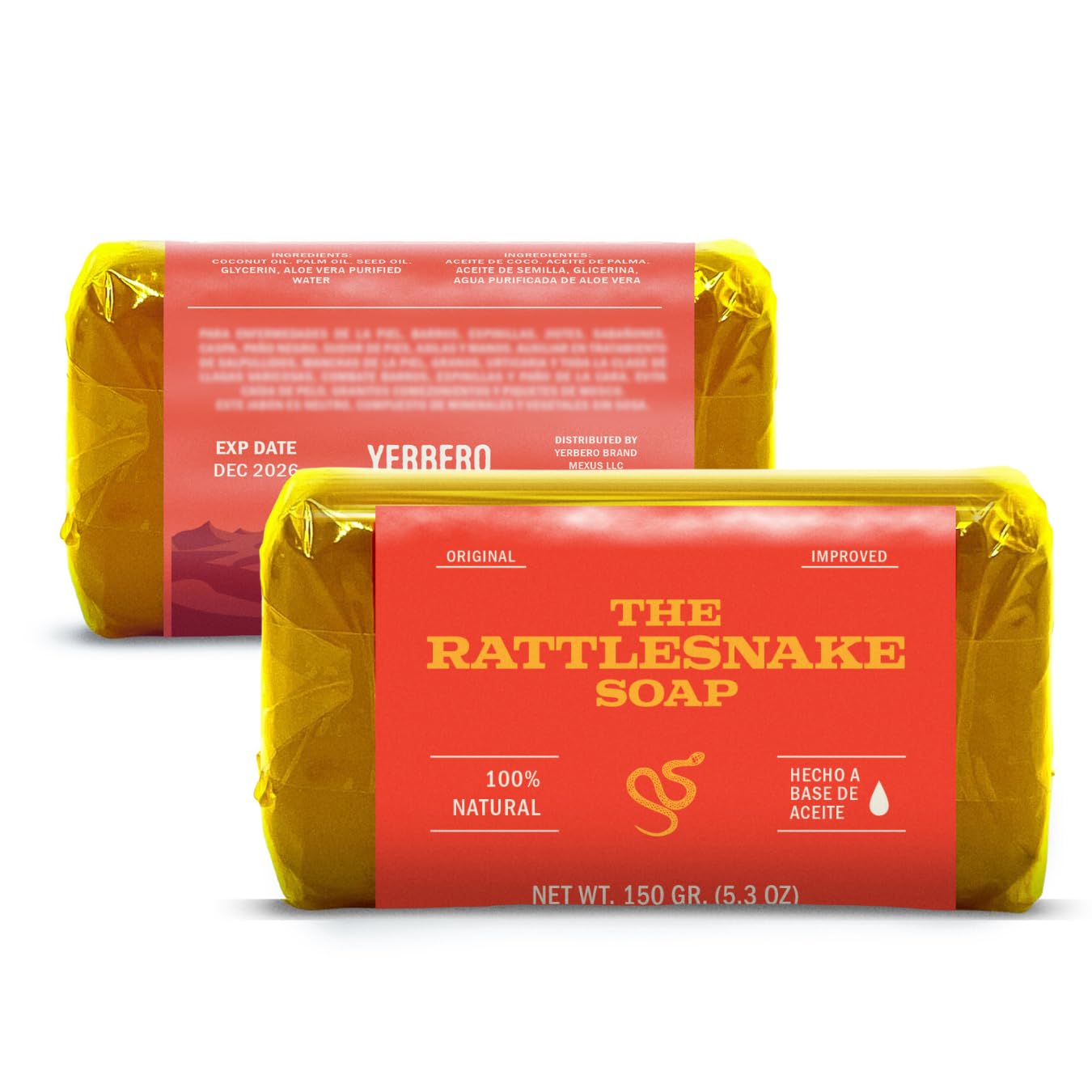 YERBERO - 2 Piece The Rattlesnake Soap 5.3oz (150g) Each - 2 Jabones Hechos a Base de Aceite 5.3 oz. Big Size - Made in Mexico.