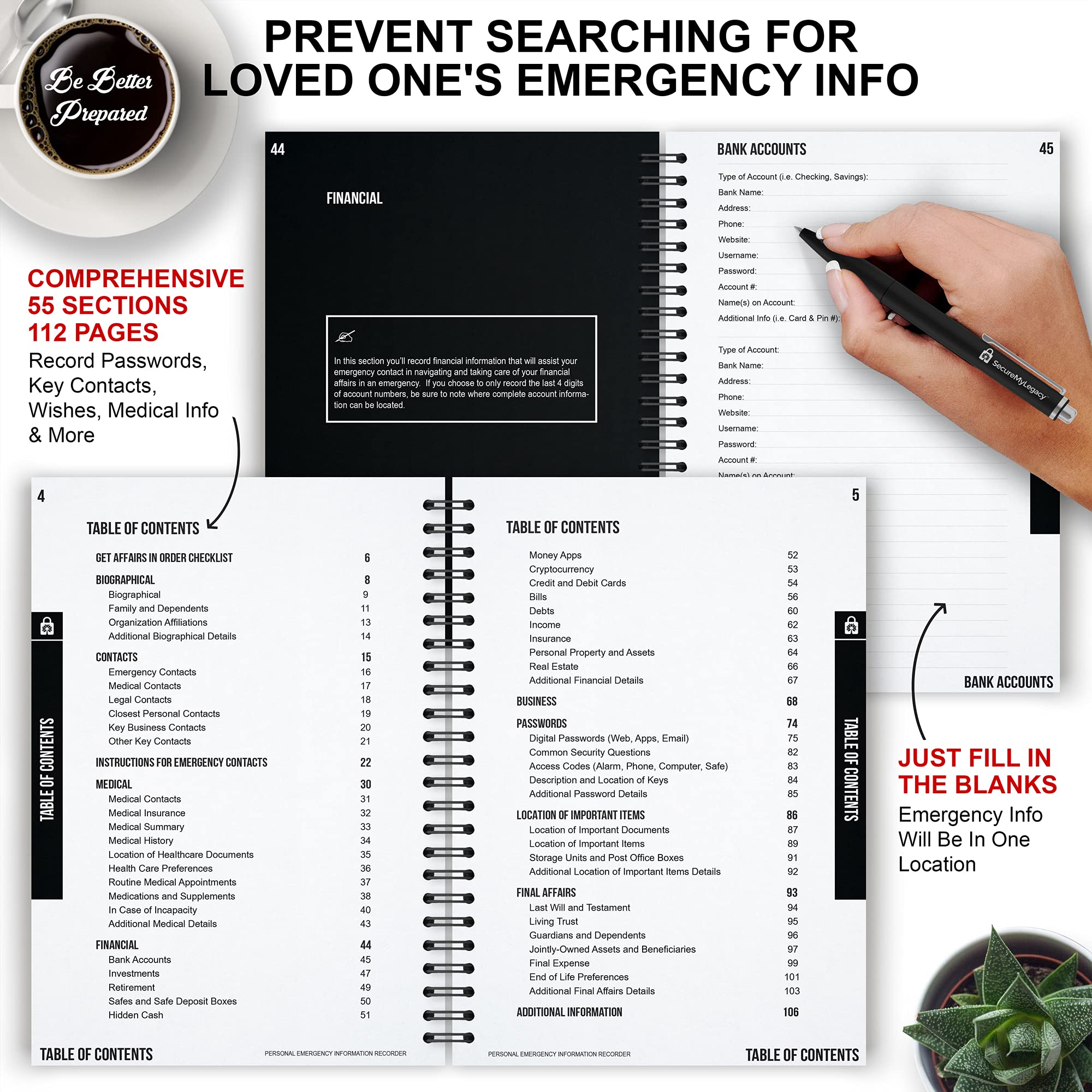 Personal Emergency Information Recorder Notebook Plus a Blank 4 GB USB Flash Drive - Record Passwords, Emergency Contacts, Medical, Financial, Insurance, End of Life Plan and Store Digital Files