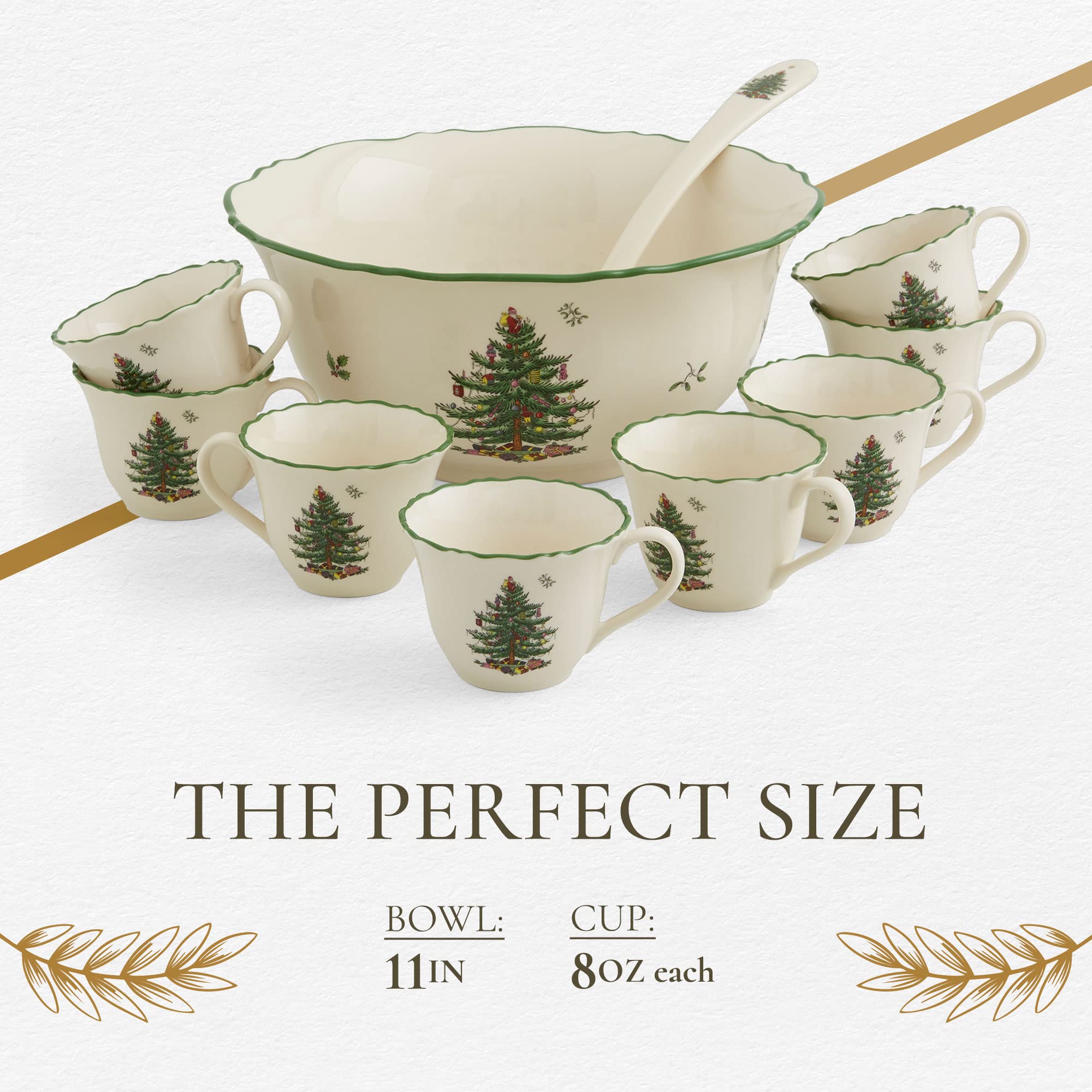 Spode Christmas Tree 10 Piece Punch Bowl Set- Made of Fine Porcelain Includes - 1 Punch Bowl - 1 Ladle - 8 Punch Cups - Punch Bowl is 11 Inch - Punch Cups are 8 oz.