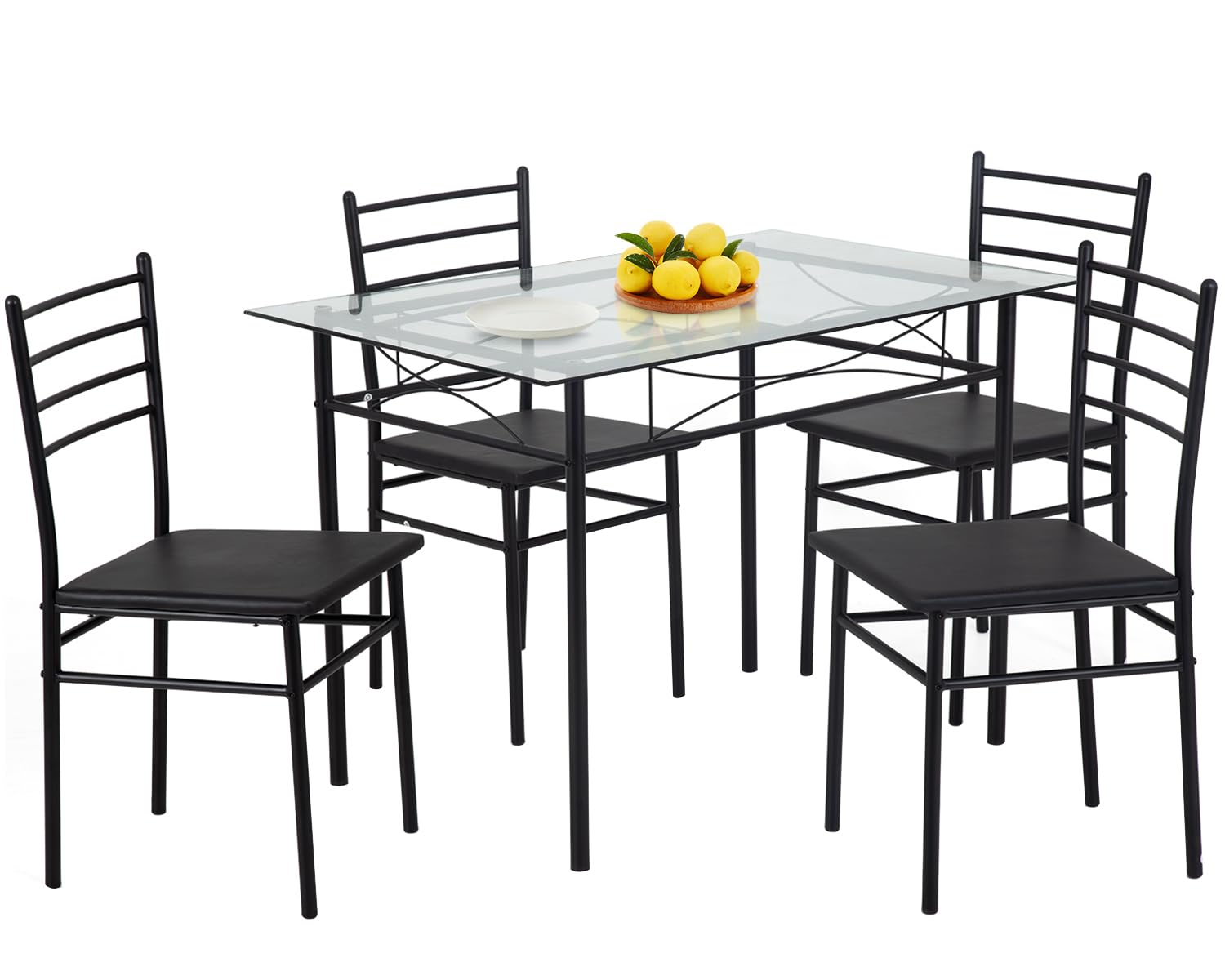 PayLessHere Dining Room Set 5-Piece Classic Dining Table Set for 4, Glass Top Table and 4 Rectangular Modern Chairs with Metal Legs for Dining Room and Kitchen