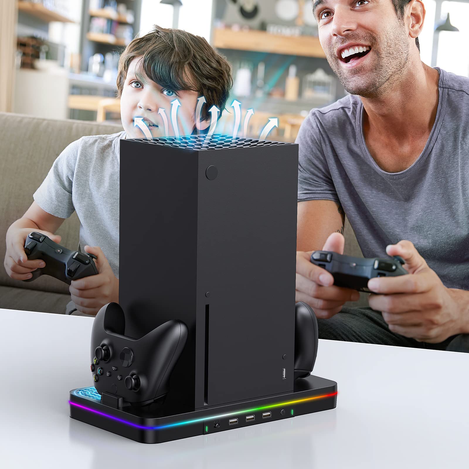 Vertical Charging Stand for Xbox Series X/S with Cooling Fan, Fast Charging Station with 2 X 1100 mAh Rechargeable Battery, Dual Controller Charger Station Accessories with 3 USB Ports&2 Headset Stand