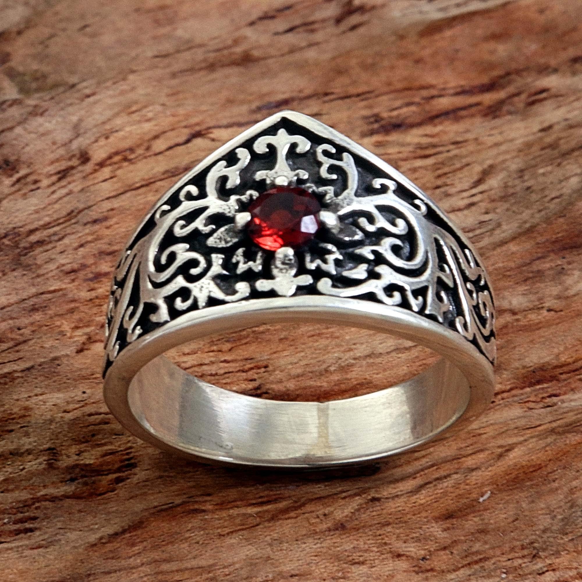 NOVICA Artisan Handmade Garnet Band Ring .925 Sterling Silver from Indonesia Aurora Birthstone 'Red Crown'