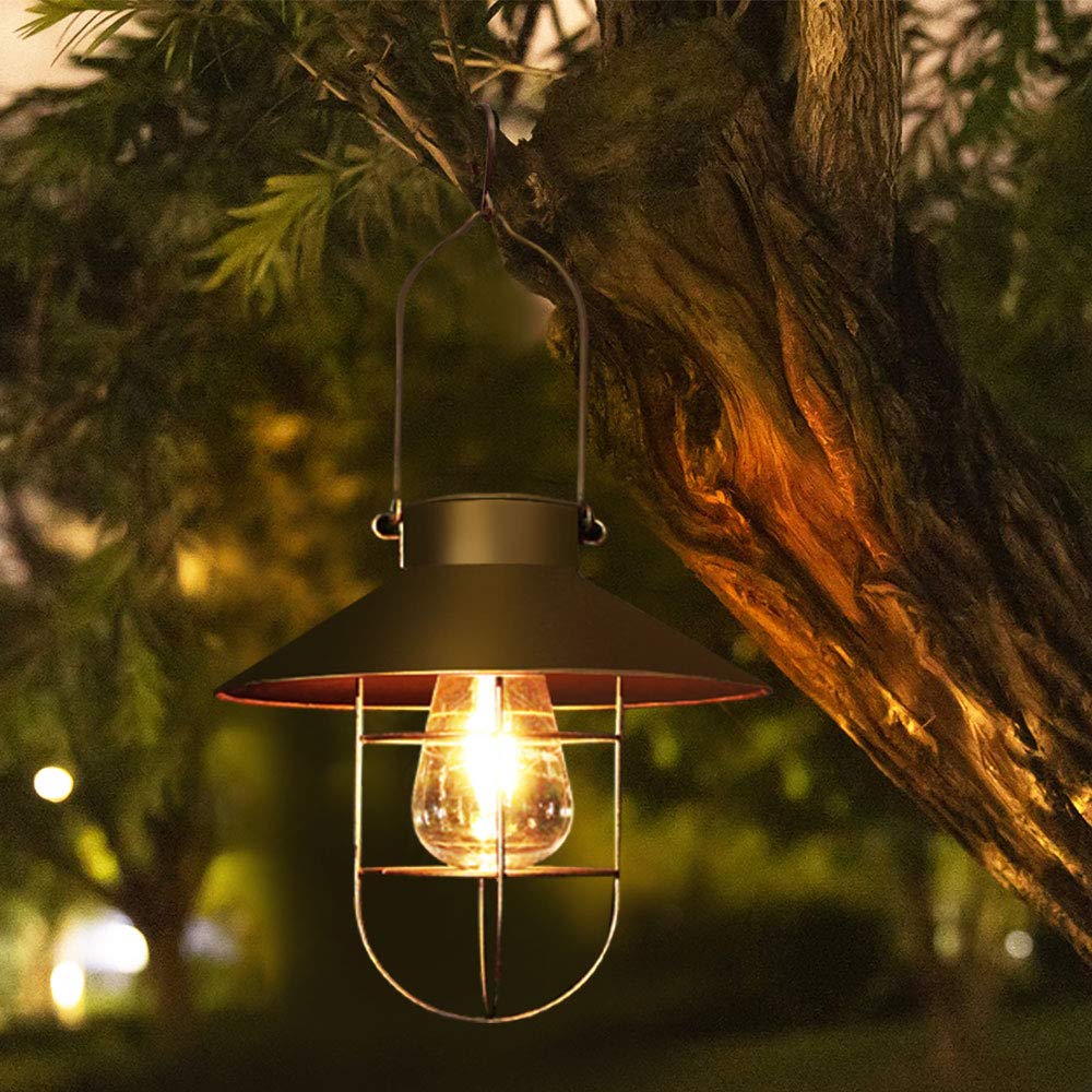 Retro Metal Solar Lanterns Outdoor Hanging Warm White Solar Garden Lights with Shepherd Hook, Greenke Waterproof Retro Pendant lamp for Pathway Patio Yard Decor (Large/ Copper)