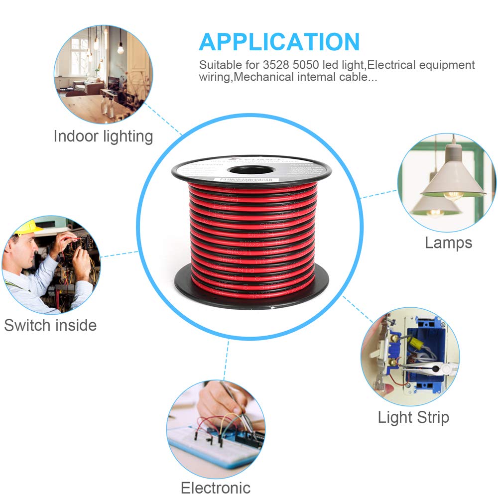 TYUMEN 50FT 16/2 Gauge Red Black Cable Hookup Electrical Wire LED Strips Extension Wire 12V/24V DC Cable, 16AWG Flexible Wire Extension Cord for LED Ribbon Lamp Tape Lighting