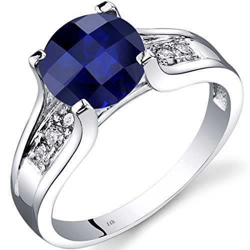 PEORA 14K White Gold 2.50 Carats Created Blue Sapphire and Genuine Diamond 7-Stone Cathedral Ring for Women, AAA Grade Round Shape 8mm