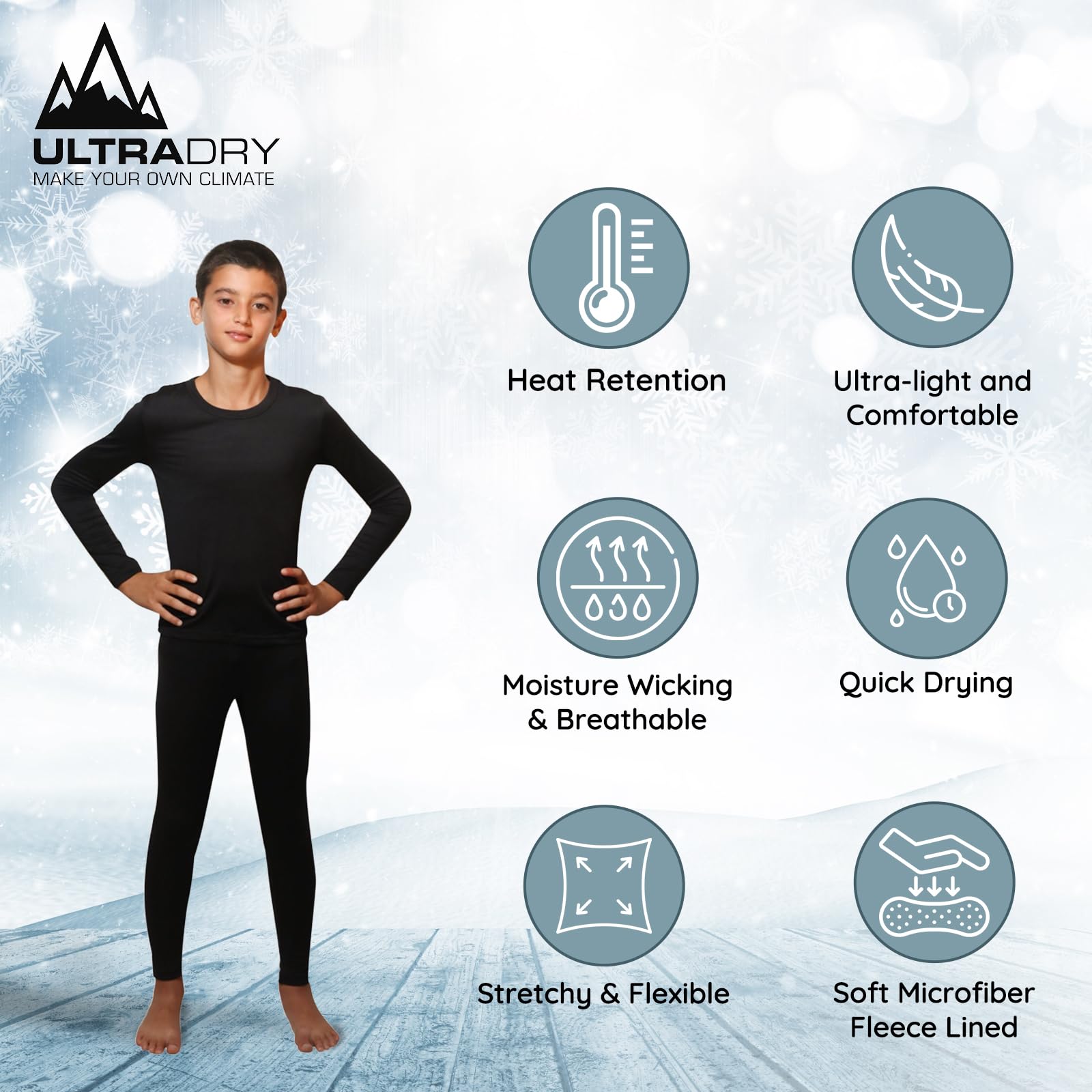 Outland Children's Thermal Set Lightweight Ultra Soft Fleece Interior Very Warm, Black 2-4