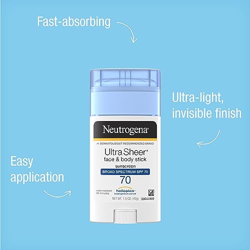 Neutrogena Ultra Sheer Non-Greasy Sunscreen Stick for Face & Body, Broad Spectrum SPF 70 UVA/UVB Sunscreen Stick, PABA-Free, 1.5 oz