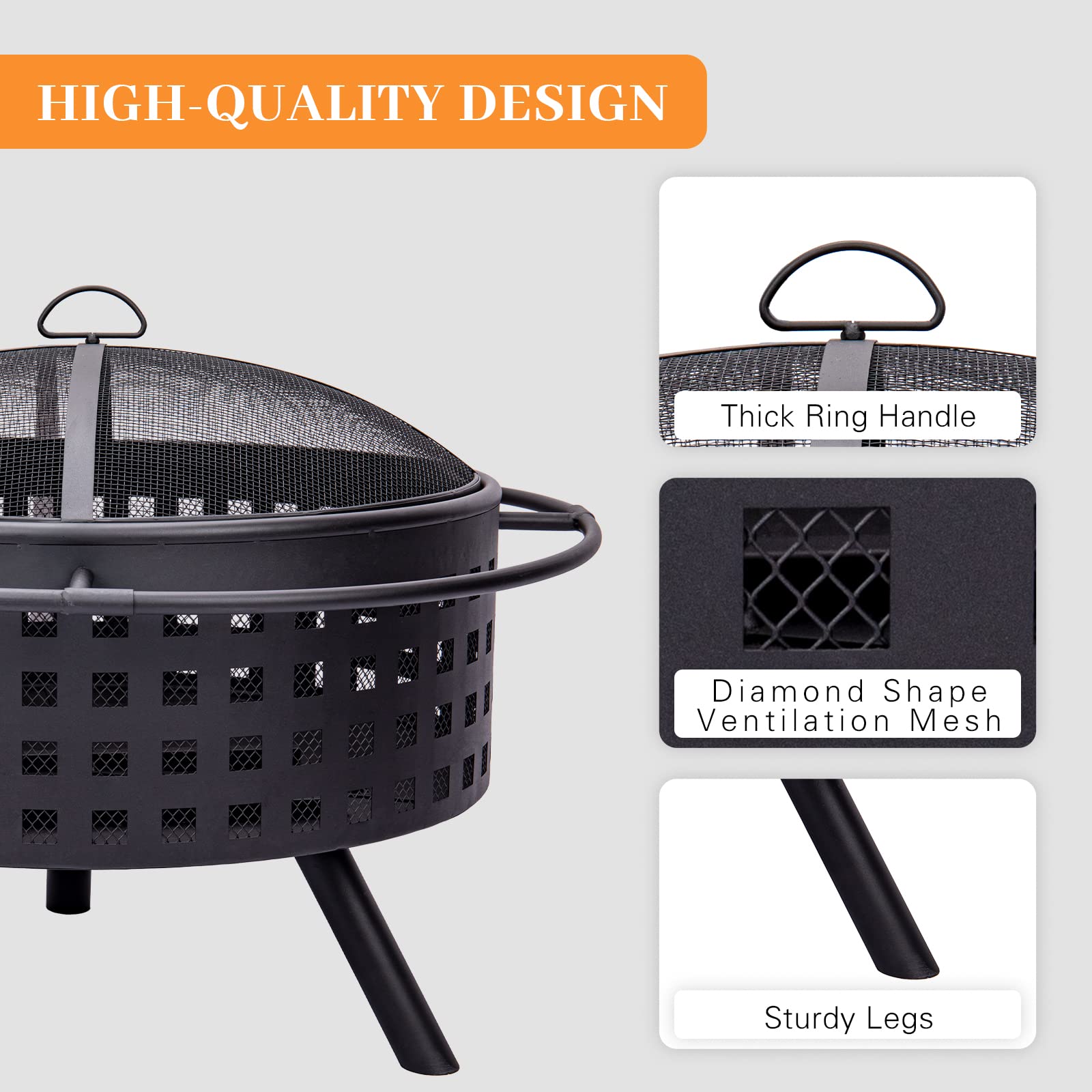Vipush Fire Pit 30" Wood Burning Portable Outdoor Fire Pits - Large Steel BBQ Grill Fire Bowl with Spark Screen for Outside Patio Fire Poker Steel Round Fireplace for Camping Bonfire Beach Backyard