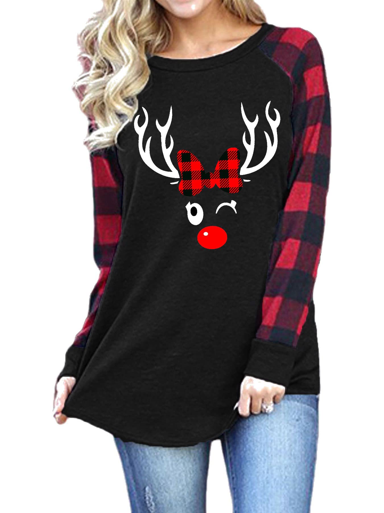 TSMNZMU Womens Valentine's Day T-Shirt Splicing Sleeve Raglan Shirt Love Heart Printed Buffalo Plaid Graphic Tees