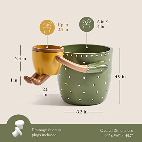 VIRTUNE Adorable Indoor Plant Pots. 5" Flower Pot & 2" Small Succulent Pot with Drainage. Indoor Planters, Small Plant Pots Indoor, Cute Pots for Indoor Plants, Succulent Planter (Green)