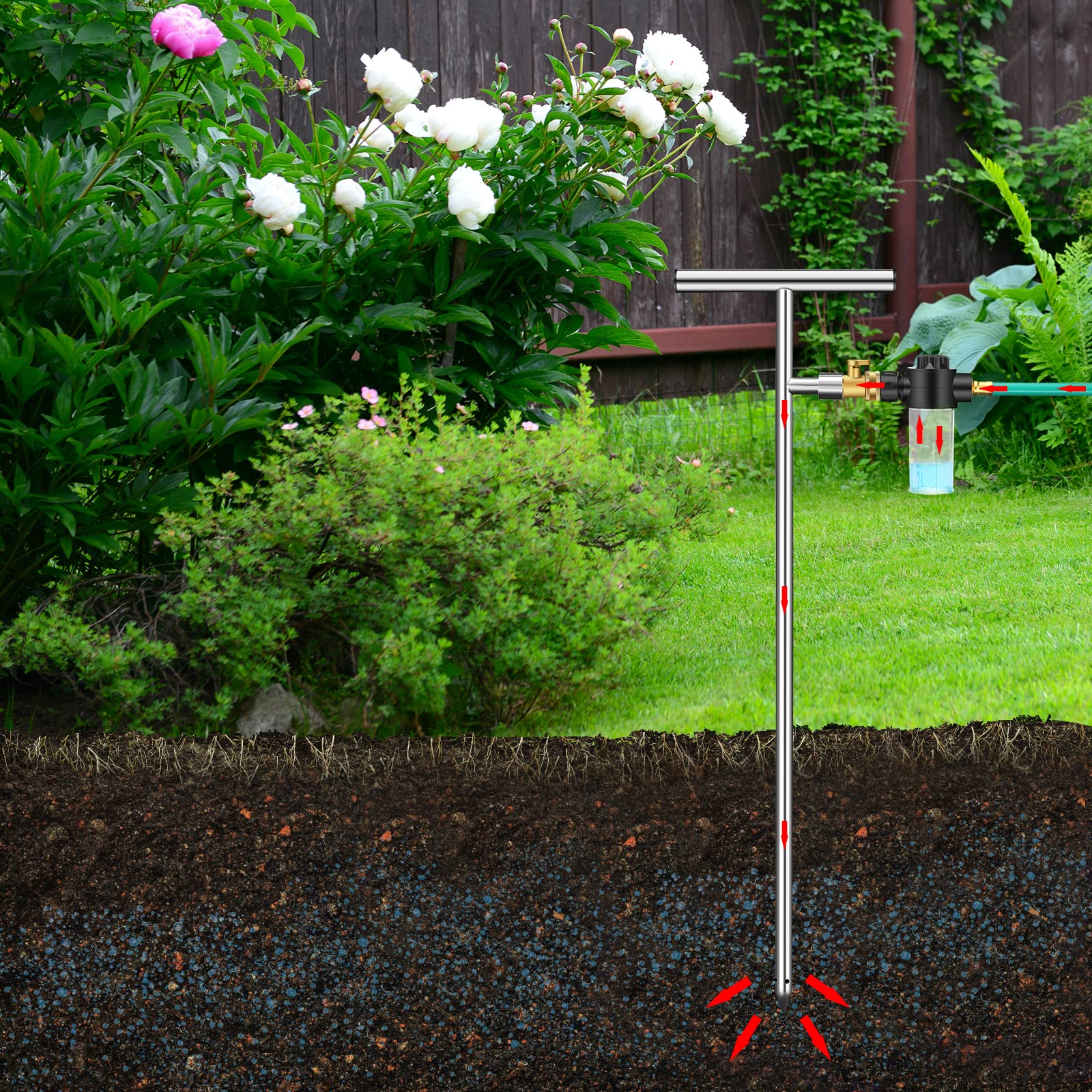 Root Feeder Deep Root Watering Tool with Fertilizer Dispenser Tree Watering Spike Watering Wand Irrigation System,for Plants Trees Bushes Shrubs Made of Stainless Steel with Shut Off Valve T Handle