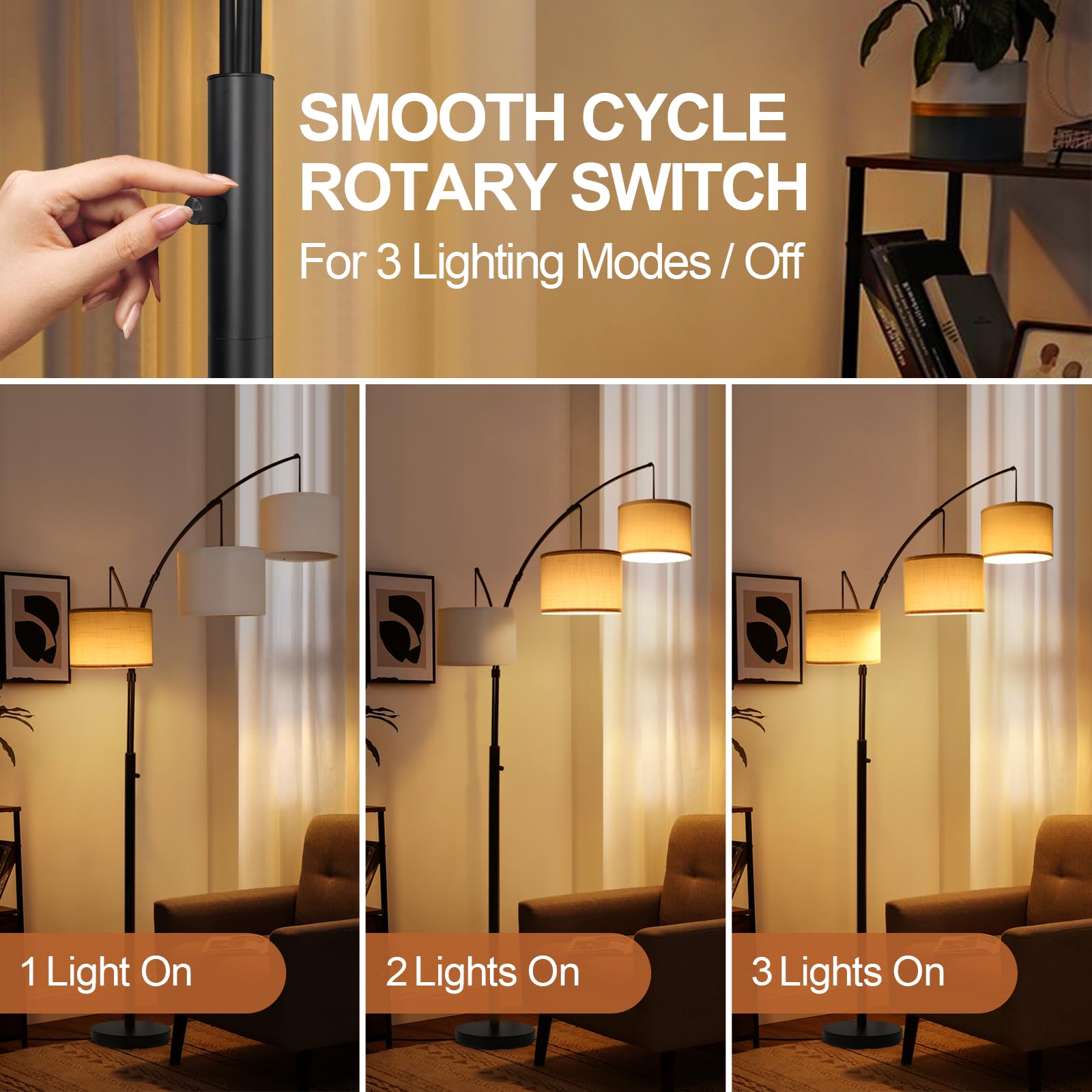 OUTON Arc Led Floor Lamp, Modern Black 3 Light Tall Floor Lamp for Bedroom, 2400lm Mid Century Adjustable Standing Corner Lamps for Living Room Office, 3 LED Bulbs Included, White Lampshade