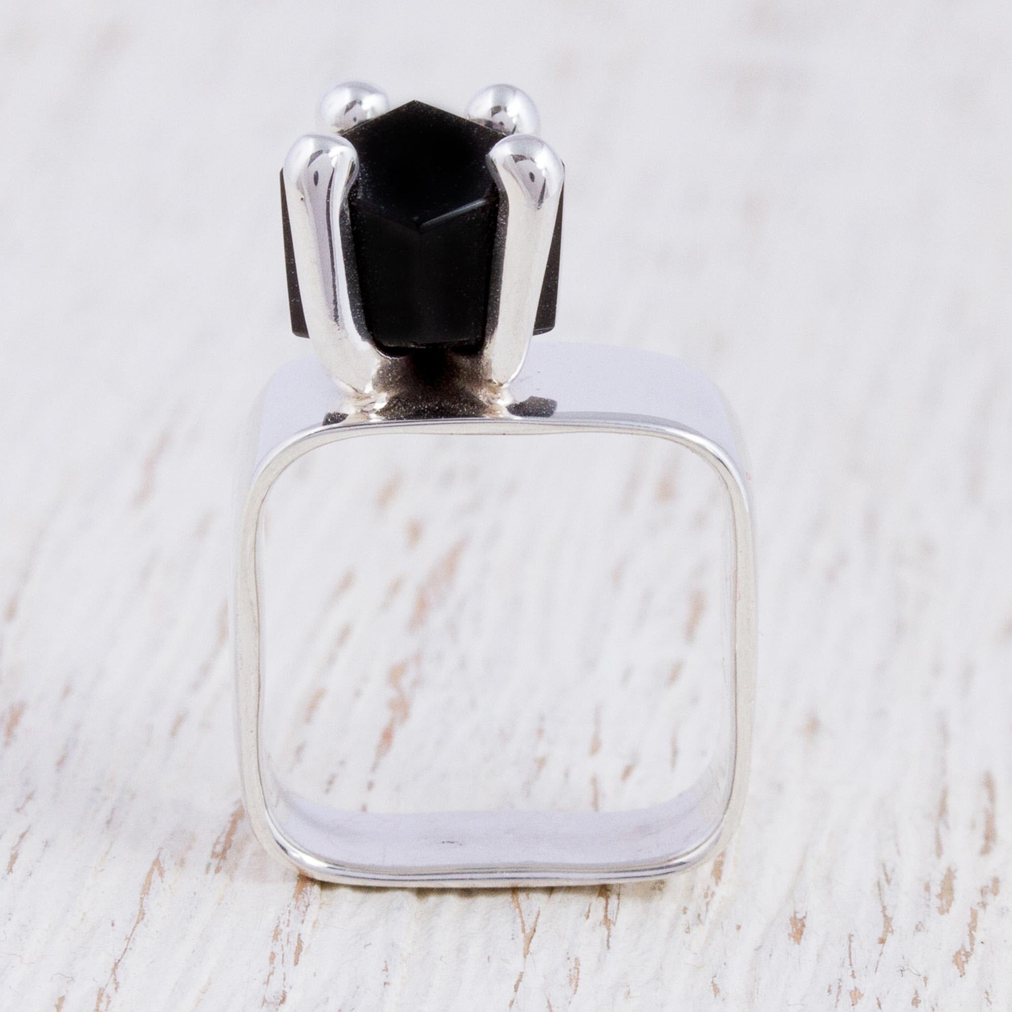 NOVICA Artisan Handmade .925 Sterling Silver Obsidian Solitaire Ring Taxco with Black Single Stone Cocktail Mexico Modern 'Modern Facets'