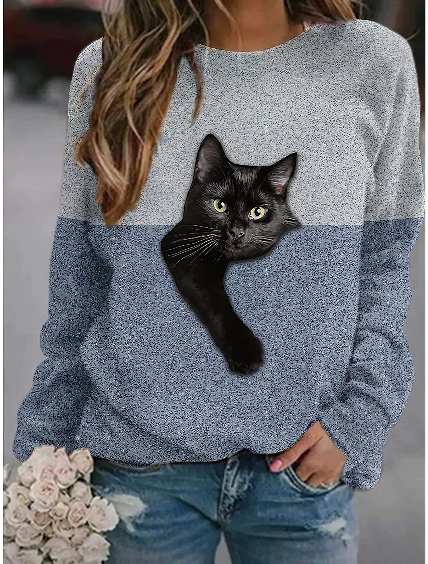 Womens Crewneck Animals Cat Dragonfly Fox Cow Print Sweatshirt Long Sleeve Sweatshirts for Women Casual Tunic