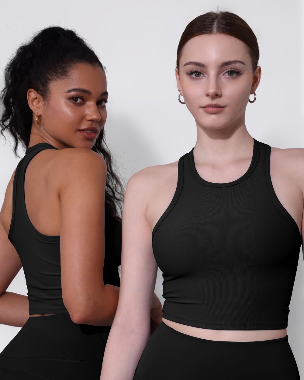 ODODOS Women's Crop 2-Pack Racerback High Neck Ribbed Cropped Tank Tops, Black+Black, Medium