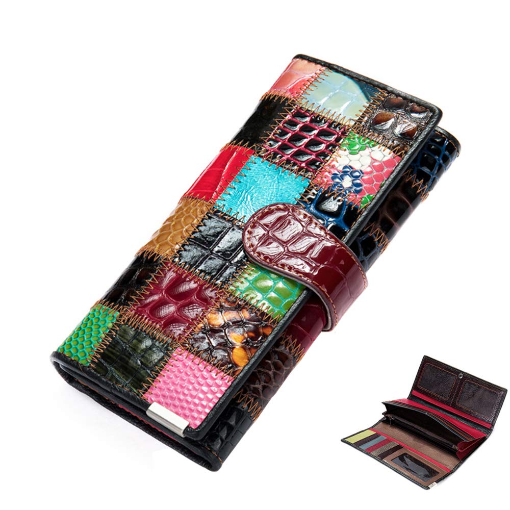 SegaterĀ® Women Multicolor Wallets Genuine Leather Card Holder Organizer Purses Model Stitching Bag Wallet with Flap Phone Clutch Large Long Purse