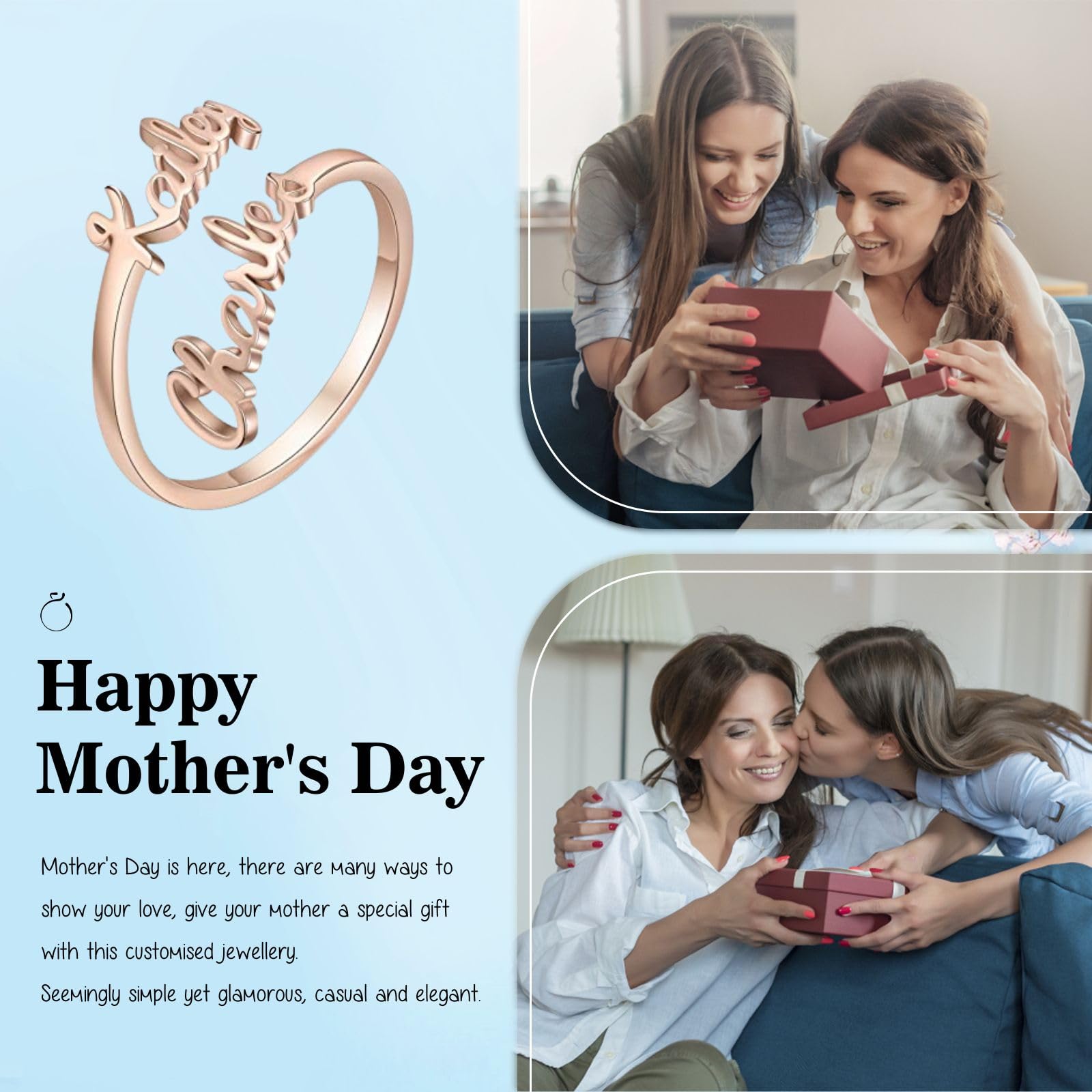 Personalized Name Ring for Women, Custom Adjustable Ring with 2 Names Promise Ring for Her Gift for Women Mother BFF (Rose Gold)