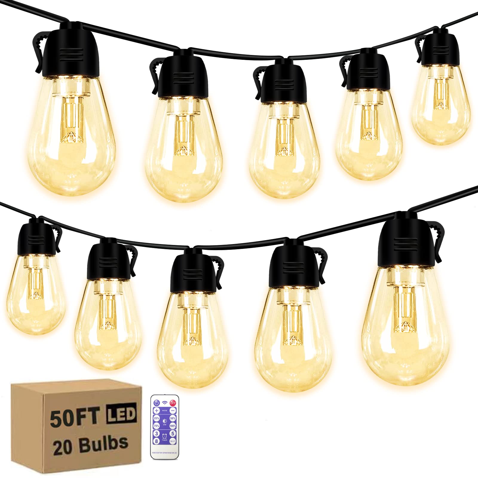 Plbriyu 50FT Outdoor String Lights with Shatterproof, Patio Lights with 20 Waterproof Bulbs,2700K Dimmable Outside Lights,Decorative for Yard Porch Garden