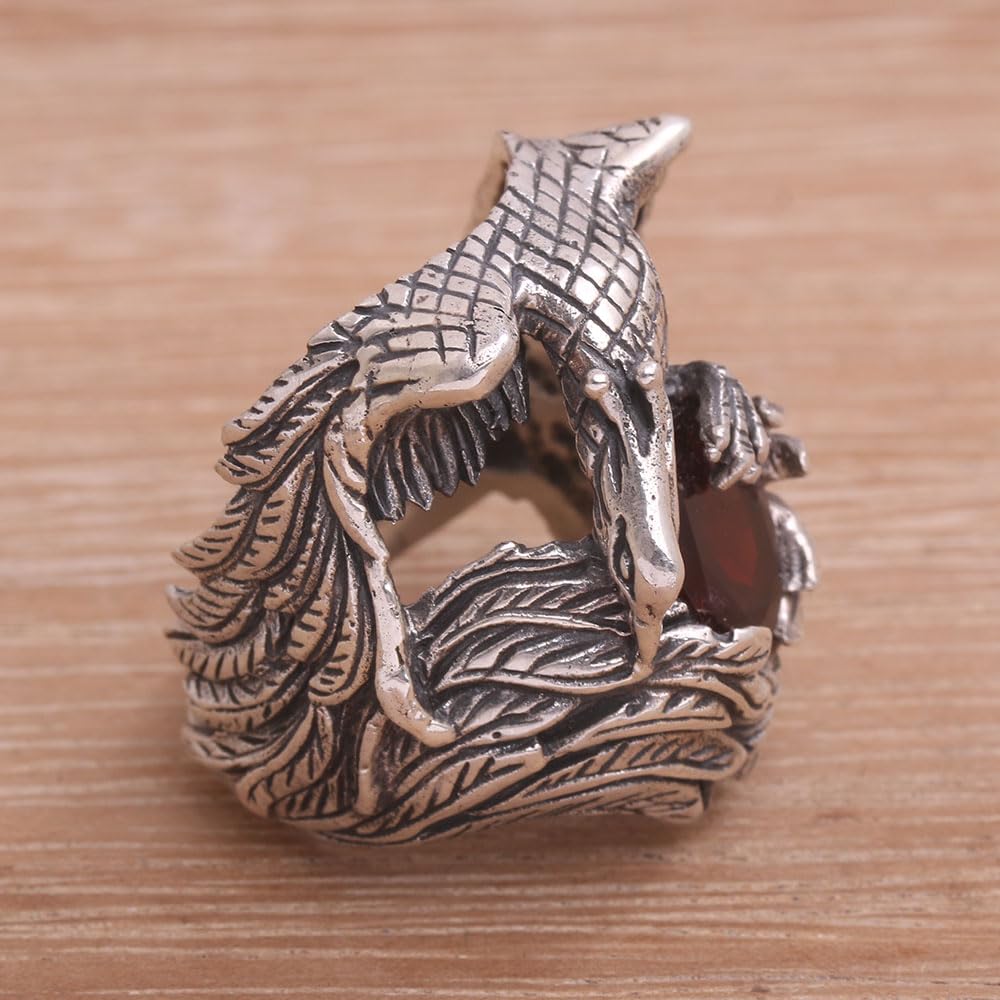NOVICA Artisan Handcrafted .925 Sterling Silver Garnet Cocktail Ring Phoenix Red Indonesia Animal Themed Birthstone Bird 'Phoenix Flare'