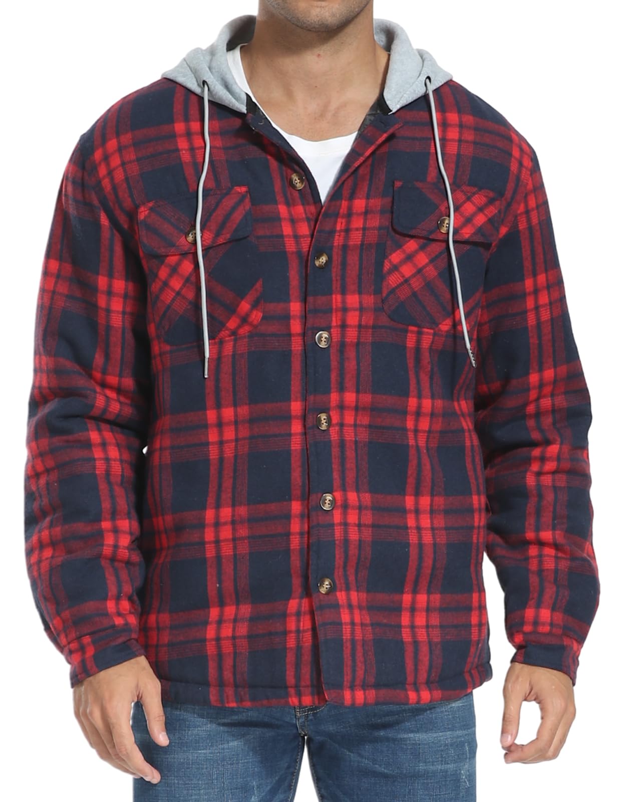 PEGENO Men's Long Sleeve Plaid Button Quilted Lined Flannel Shirt Jacket with Hood(Red Grid-US X-Large)