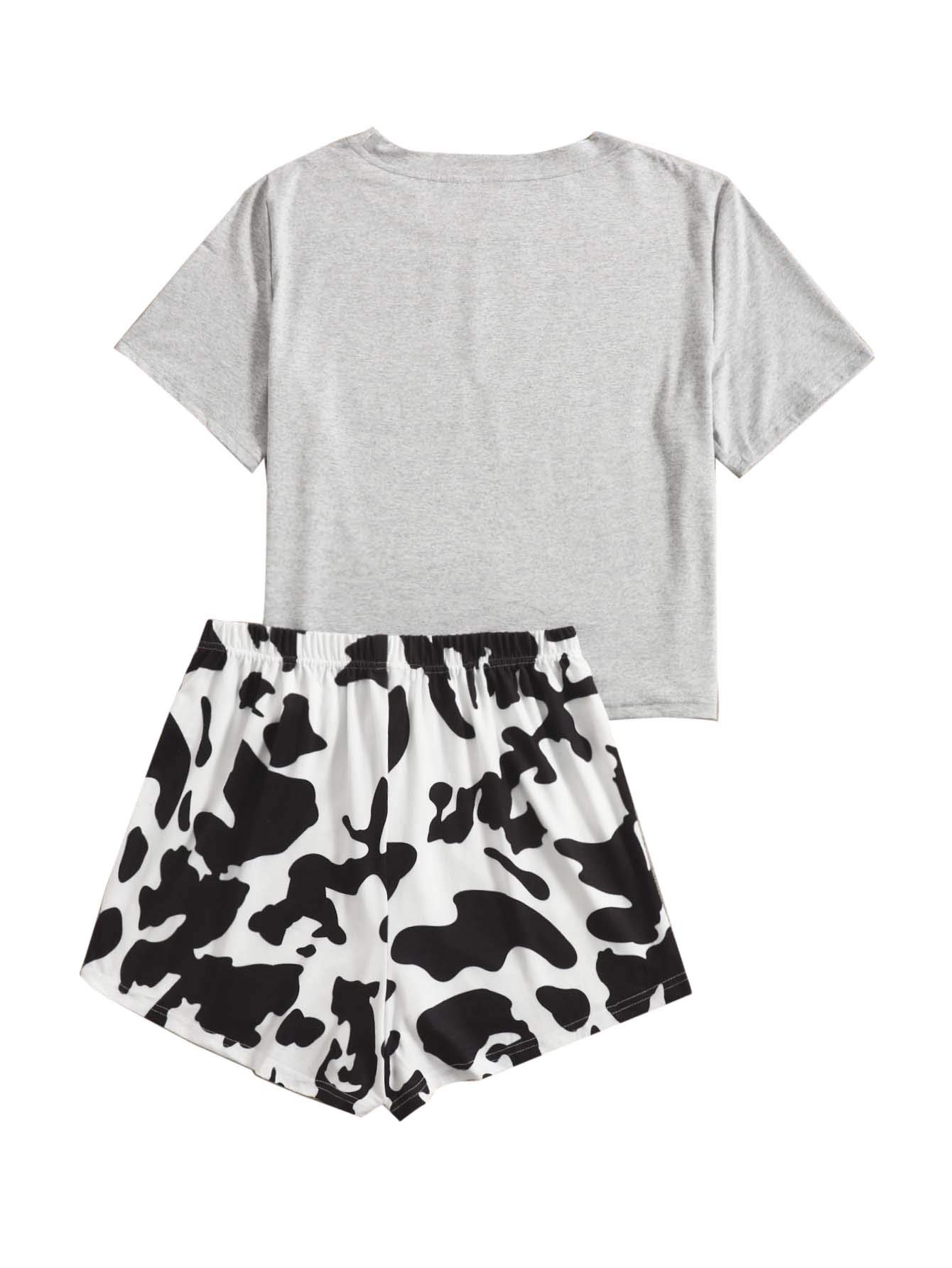 SOLY HUX Women's Cute Cartoon Print Sleepwear Short Sleeve Tee with Shorts Pajama Set Grey Cow L