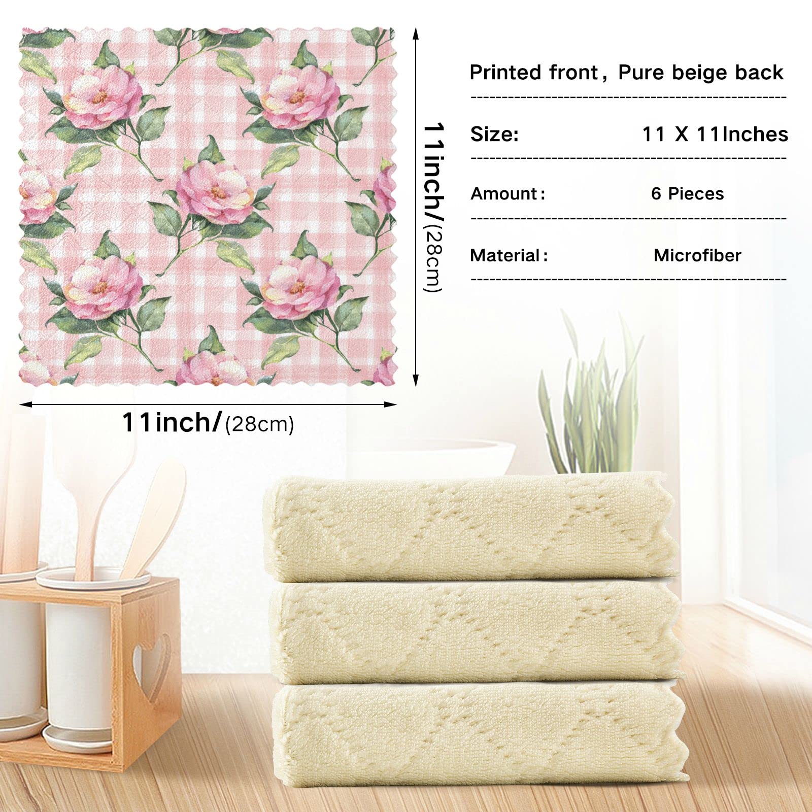 SUABO Pink Rose Plaid Checkered Kitchen Dishcloths, 6 Pack Dish Towels Quick Drying Tea Towels Absorbent Cleaning Towels Tableware Towel for Kitchen Bathroom