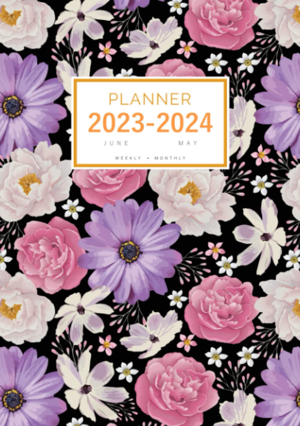 Planner 2023-2024: A5 Weekly and Monthly Organizer from June 2023 to May 2024 | Elegant Rose Peony Flower Design Black