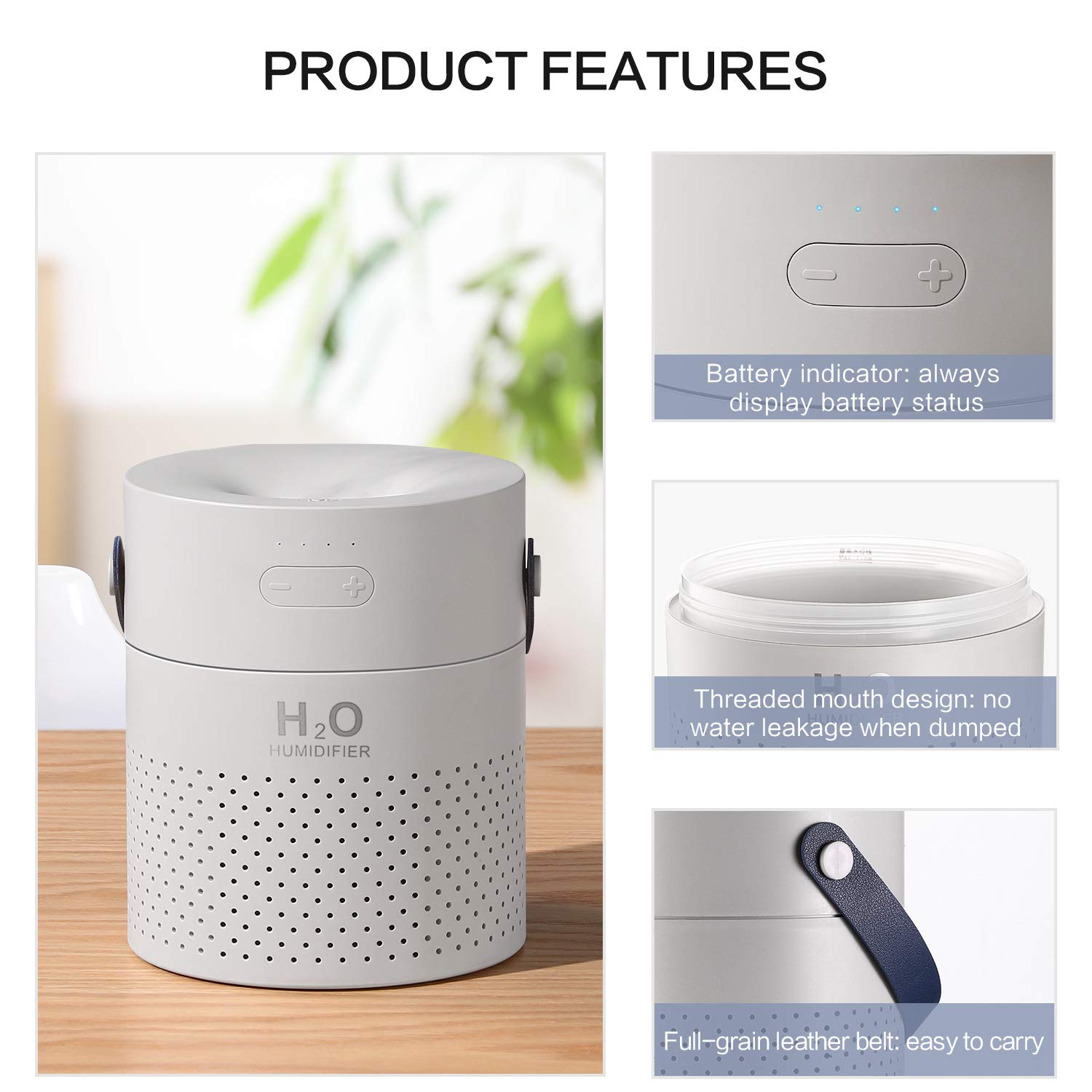 SmartDevil Portable Desk Humidifier,1.1L Cool Mist Humidifier with 4000mAh Battery Operated, Small Humidifier for Home Bedroom Office, Plants, Double-Head Spray, Colorful Night Light Function (Grey)