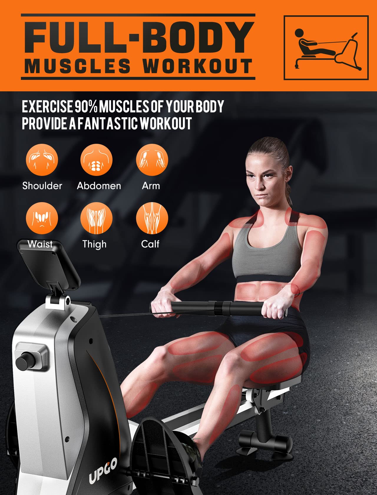 UPGO New Rowing Machine for Home Use, Rower with 8 Level Adjustable Quiet Magnetic Resistance, Ergonomic Seat & LCD Monitor, 300 LB Weight Capacity
