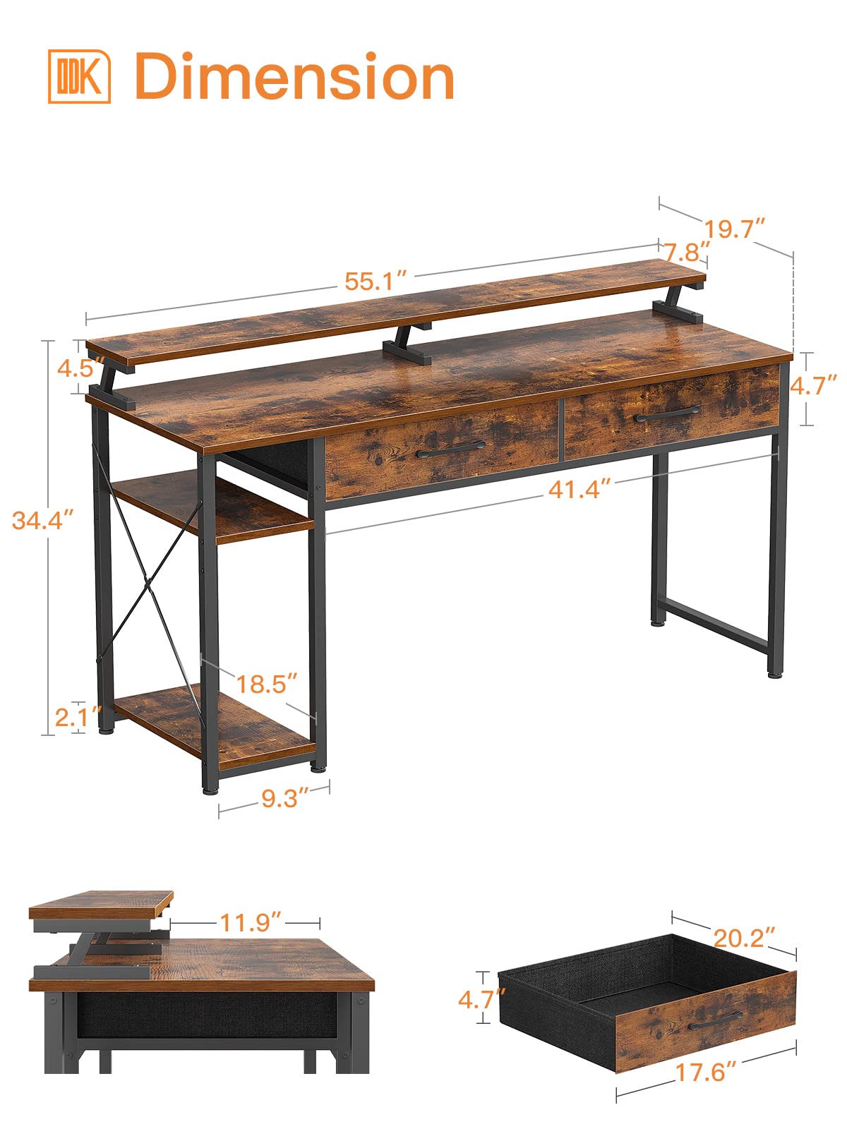 ODK Computer Desk with Drawers, 40 Inch Office Desk with Storage & Shelves, Work Writing Desk with Monitor Stand Shelf, Black Home Office Desks for Small Spaces
