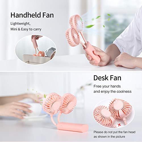 SmartDevil Small Handheld Fan,Dual Head Fan, 2-in-1 Multi-Purpose Small Fan, Mini Personal Fan, Small Desk Fan, 3 Speeds Adjustable,With 3000mAh Battery Portable Fan for Travel, Office, Home, Pink