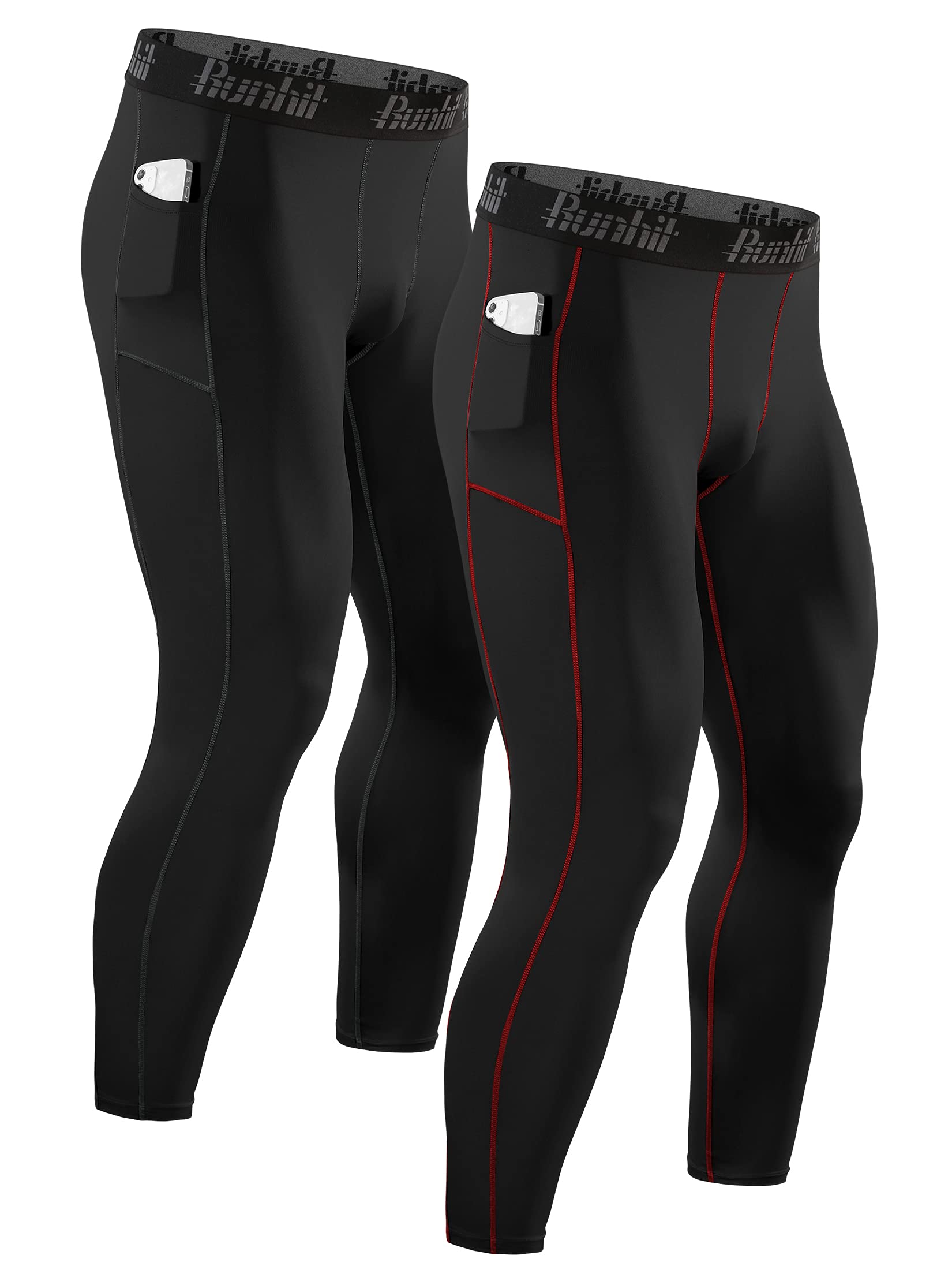 Runhit Mens Compression Pants Running Tight for Men Leggings with Pocket Workout Athletic Thermal Pants for Men Running Shorts Black Red 2 Pack Large