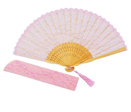 Womens Multi Color Handmade Cotton Lace Folding Hand Fan (Black-A) (6-pac)