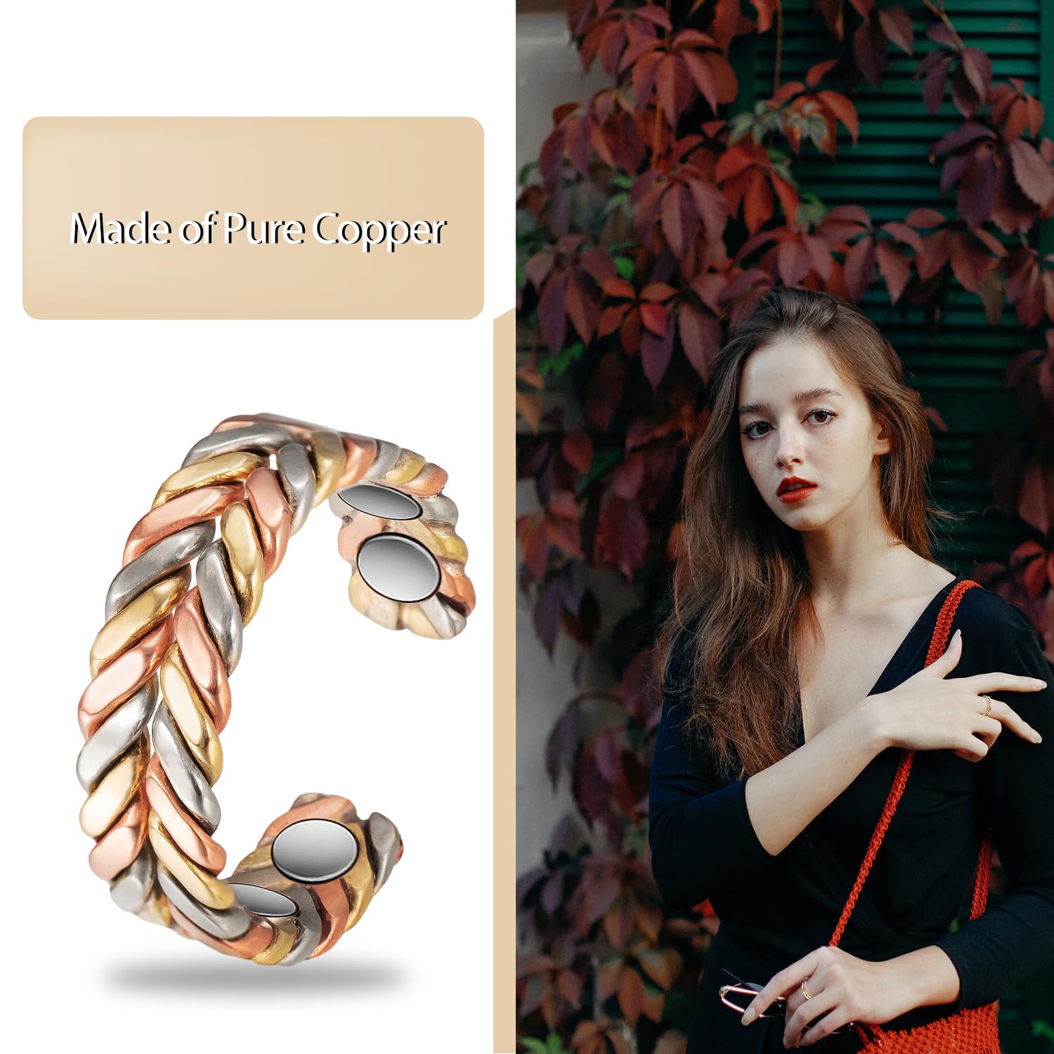 Wollet 99.9% Pure Copper Magnetic Ring for Women Men with Magnets Copper Rings Jewelry(57.5mm)