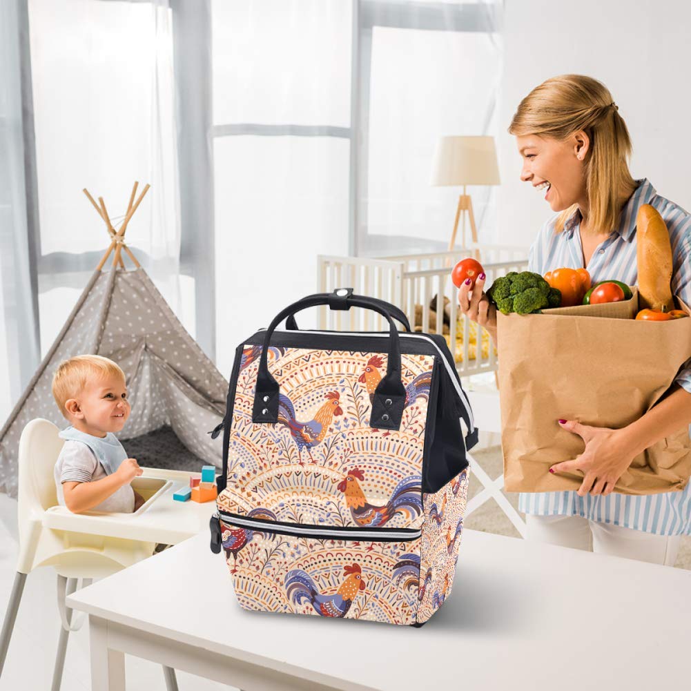 Shiiny Cute Roosters Chickens in Beige Floral Ornament Diaper Bag Backpack for Baby Care, Multi Function Waterproof and Cooler Tote Travel Backpack (Nappy Bag, Tissue Pocket)