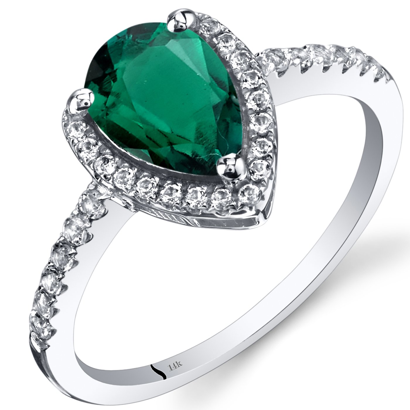 PEORA Created Emerald Teardrop Halo Ring for Women 14K White Gold with Genuine White Topaz, 1.25 Carats Pear Shape 9x6mm, Size 7