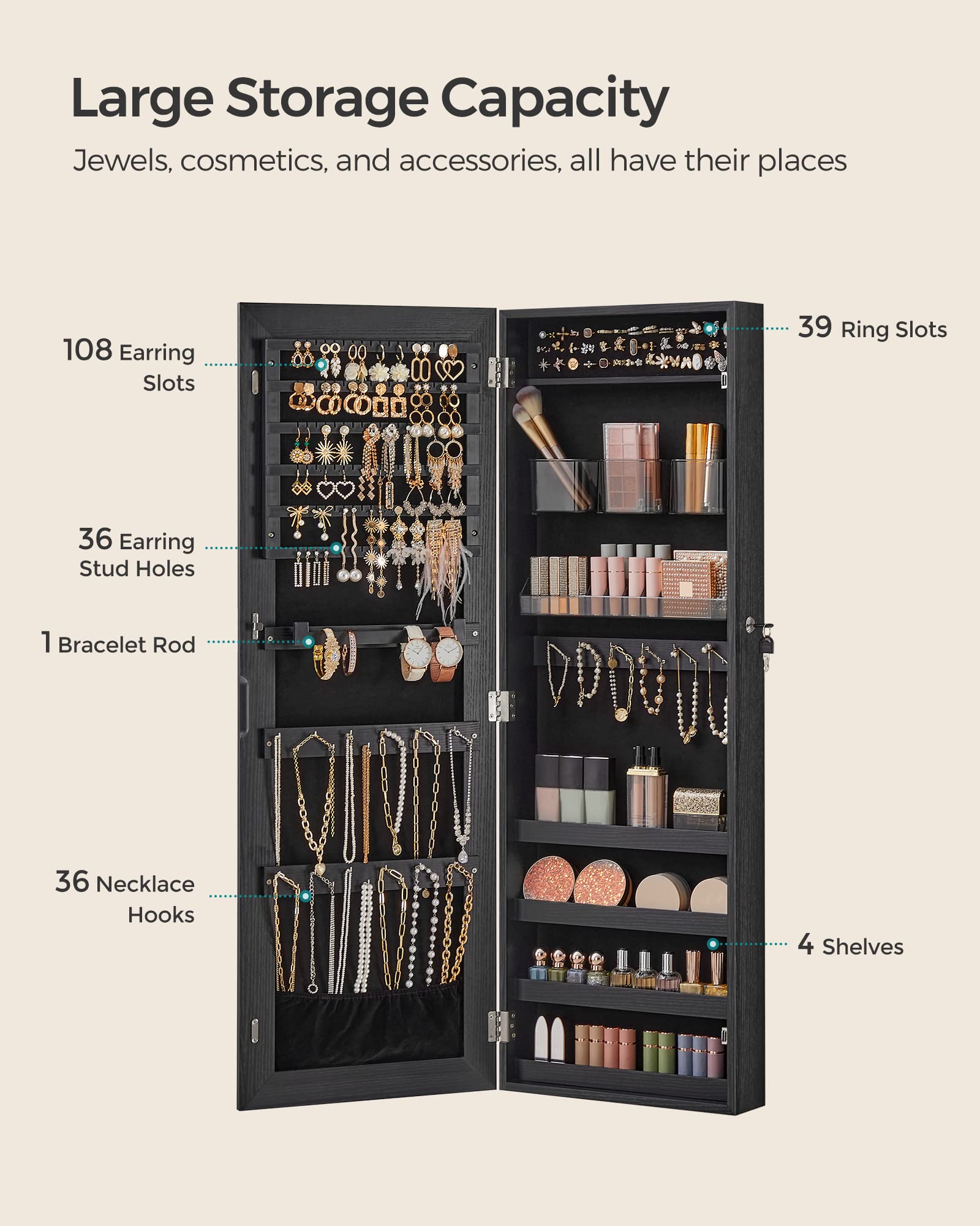 SONGMICS Mirror Jewelry Cabinet Armoire, Wall or Door Mounted Jewelry Storage, Hanging Lockable Frameless with 2 Plastic Cosmetic Organizers, Gift Idea, Black UJJC001B01
